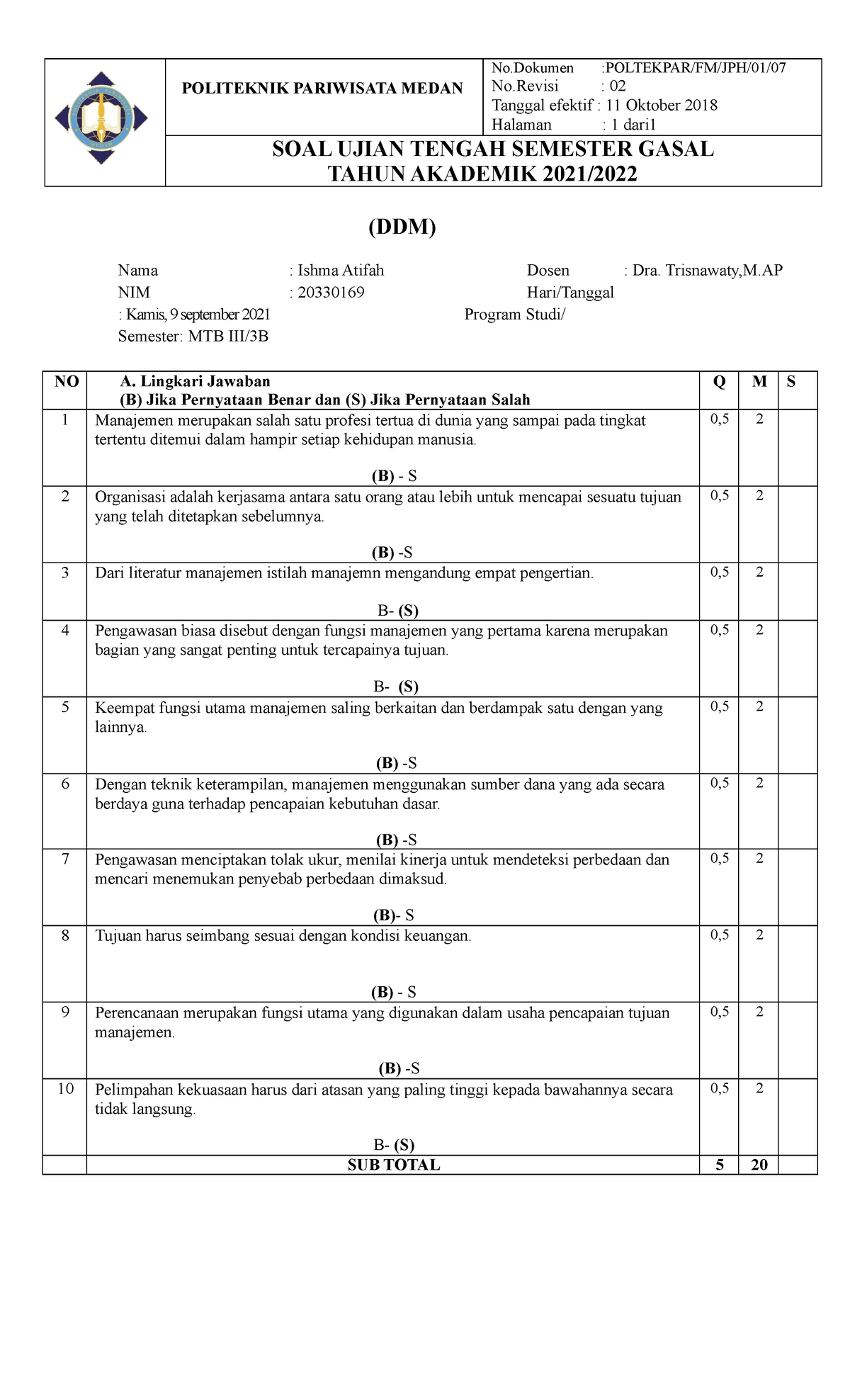 Ishma Atifah- UTS DDM- MTB - POLITEKNIK PARIWISATA MEDAN No :POLTEKPAR/FM/JPH/01/ No : 02 ...