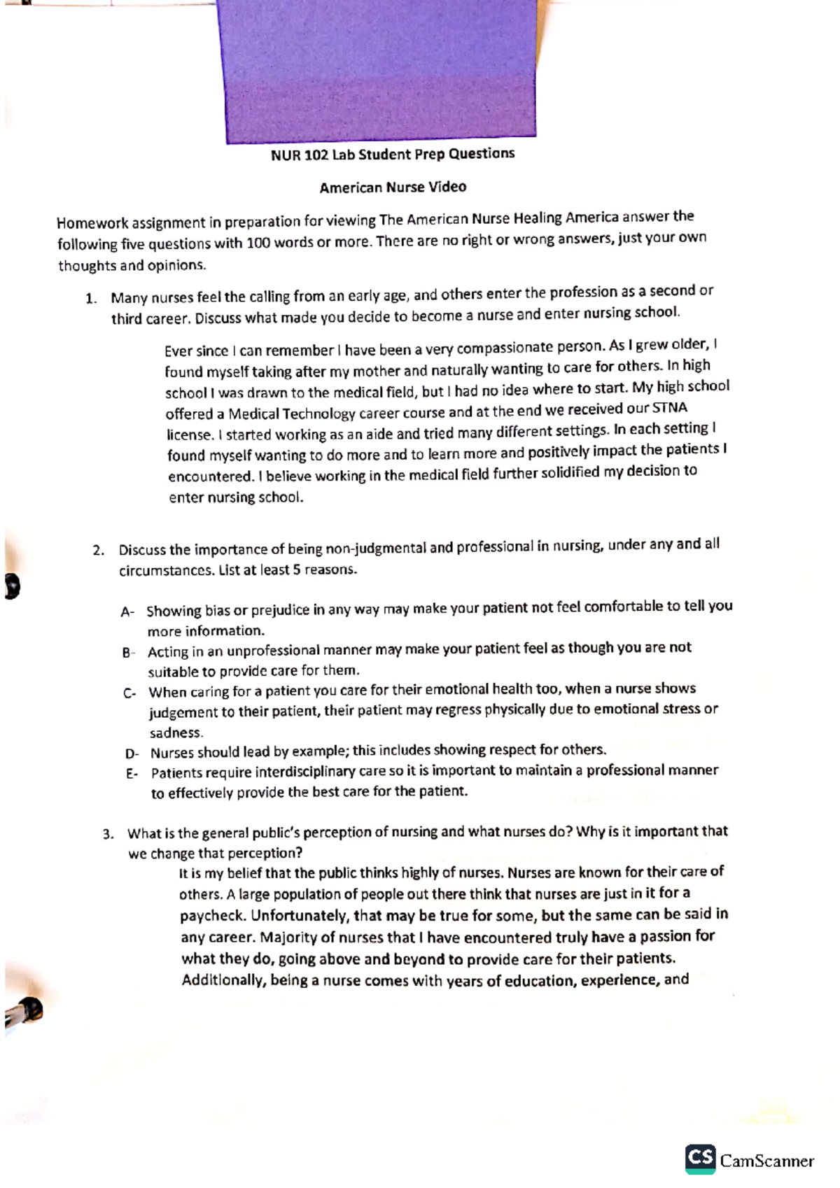 Nur 102 american student nurse video ws - NUR 102 - CamScanner ...