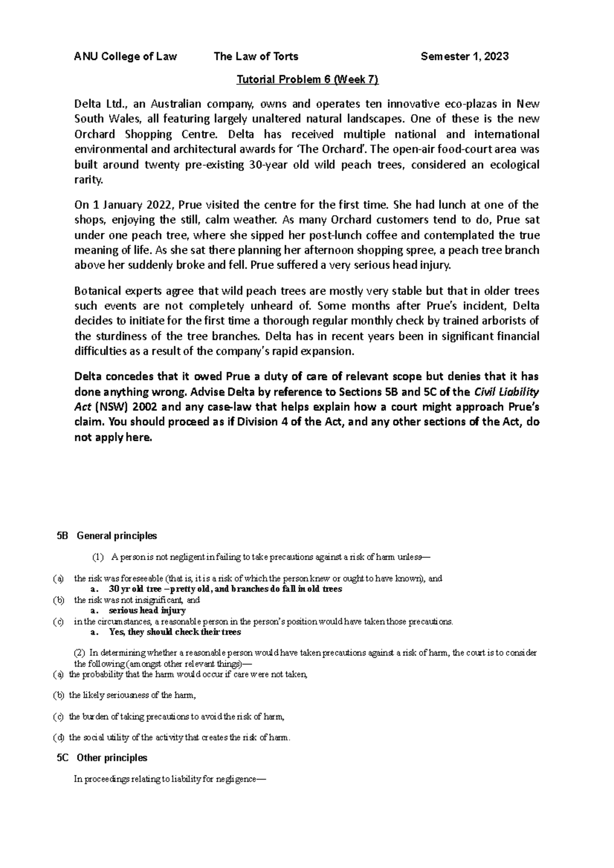 2023 Torts Tutorial 6 (Week 7) - ANU College of Law The Law of Torts Semester 1, 2023 Tutorial ...