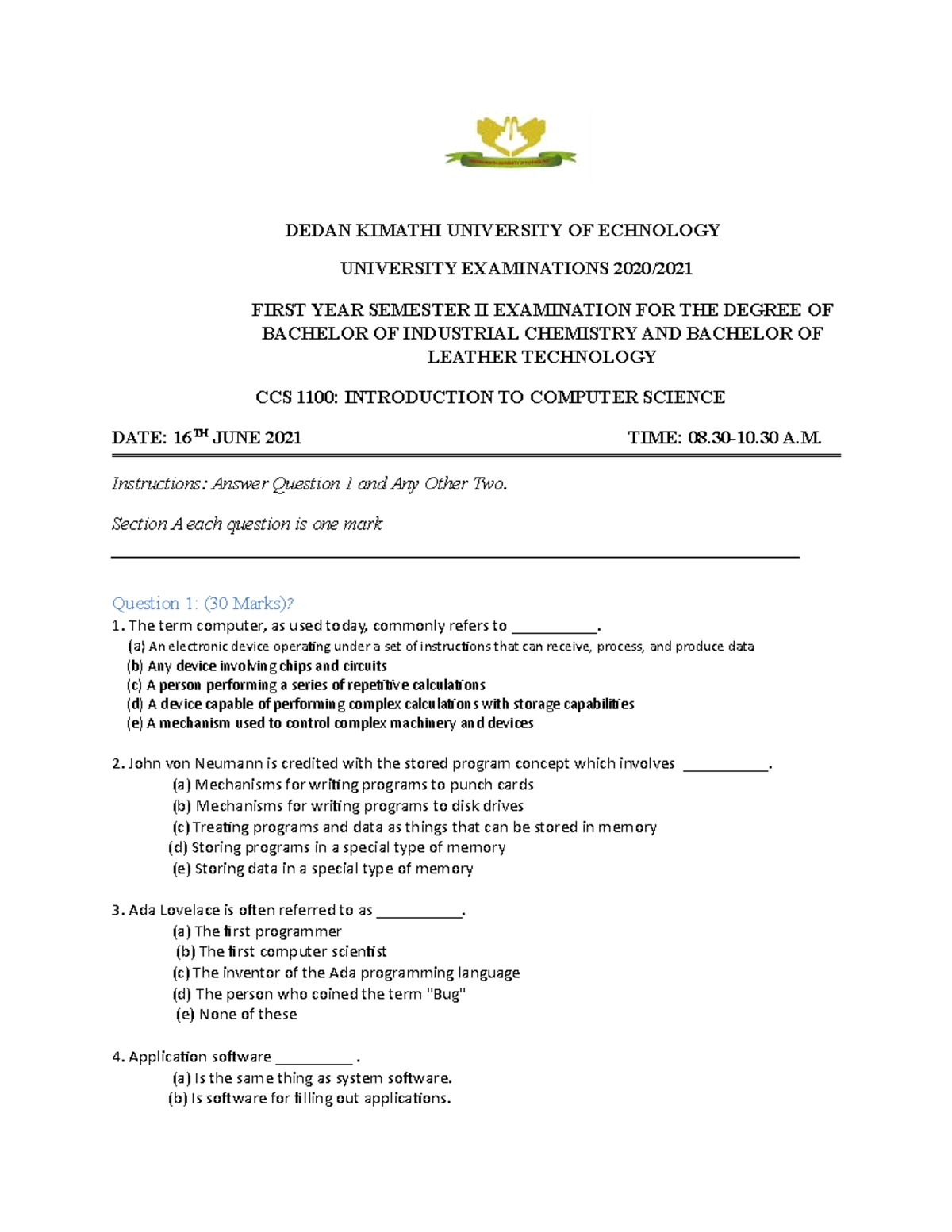 Ccs1100 introd to computer science Print - DEDAN KIMATHI UNIVERSITY OF ...