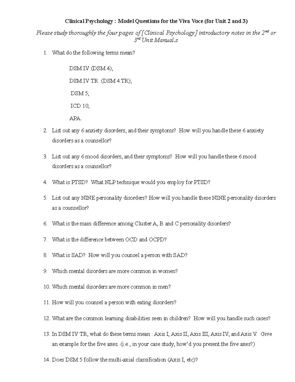 Clinical Psychology question paper - common for Unit 2 and 3 - Clinical ...