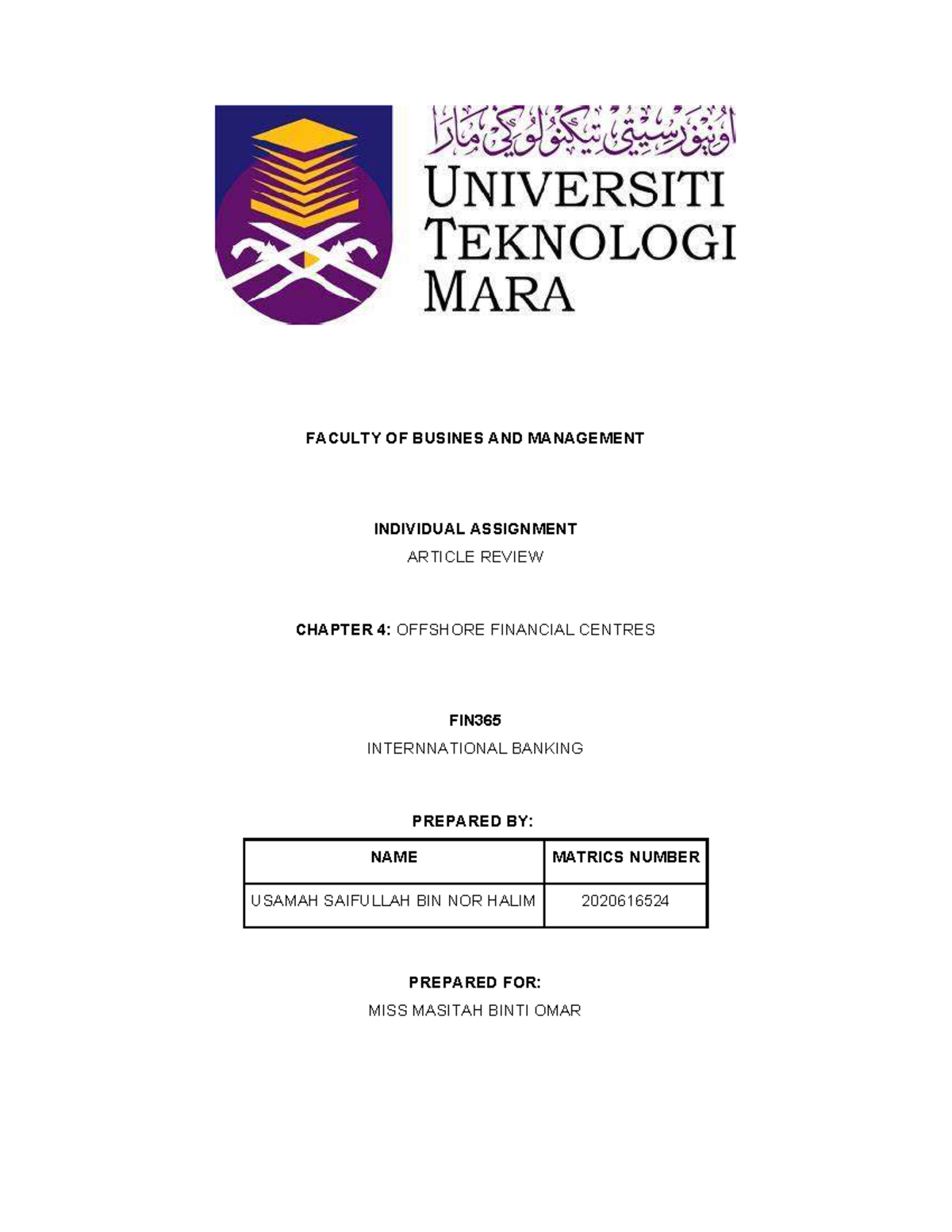 Usamah Saifullah International Banking Individual Assignment (2020616524) BA1195A - FACULTY OF ...