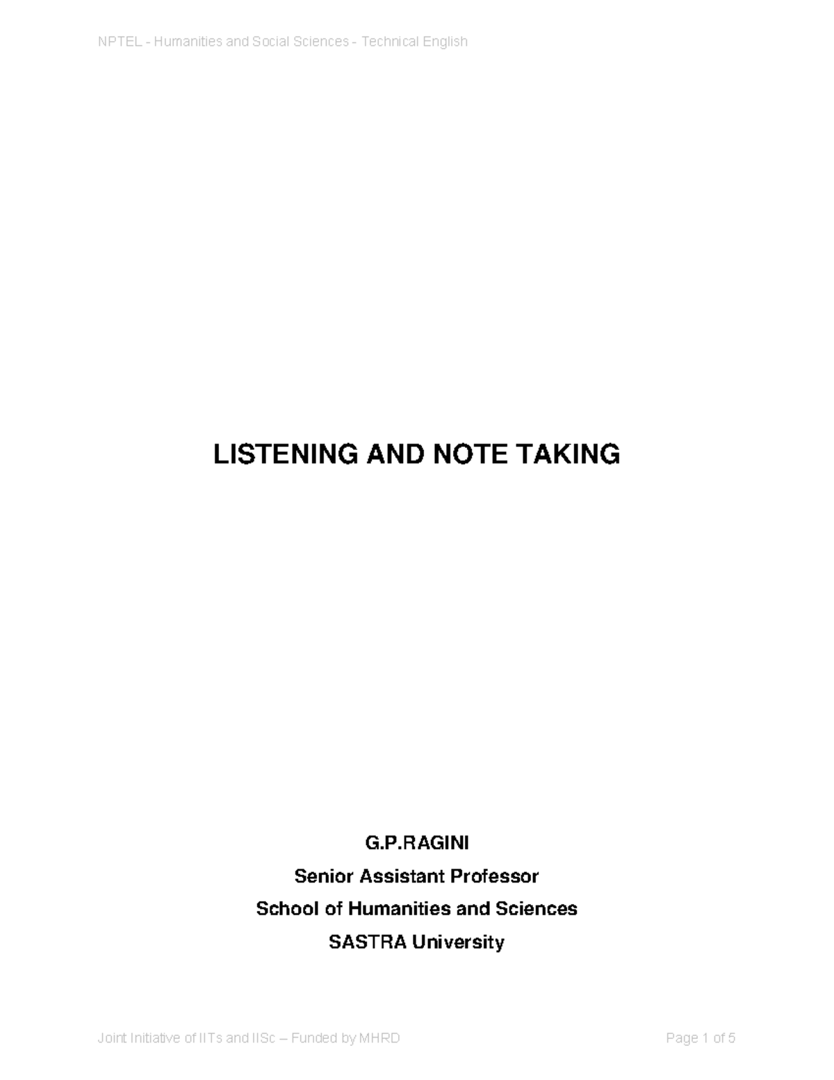 Lecture 23 - Notes for tutorials. - LISTENING AND NOTE TAKING G.P ...