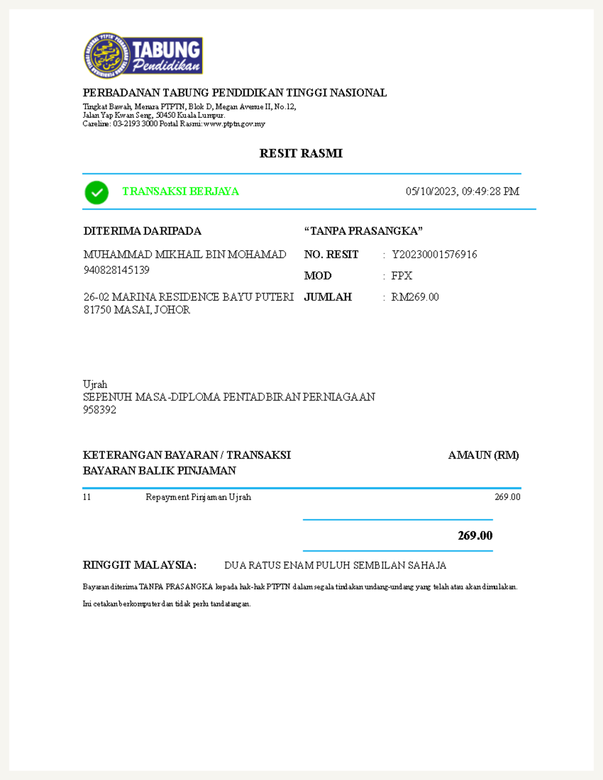 Receipt 20231005 095033 - PERBADANAN TABUNG PENDIDIKAN TINGGI NASIONAL ...