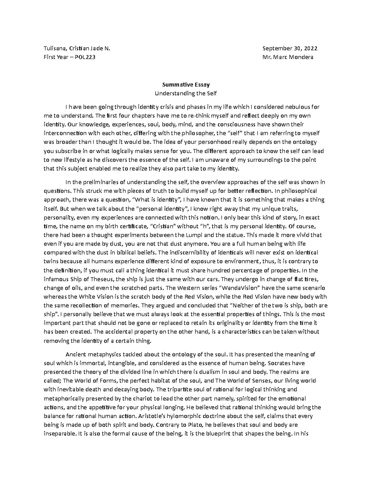 Summative Essay - Tulisana - Tulisana, Cristian Jade N. September 30 ...
