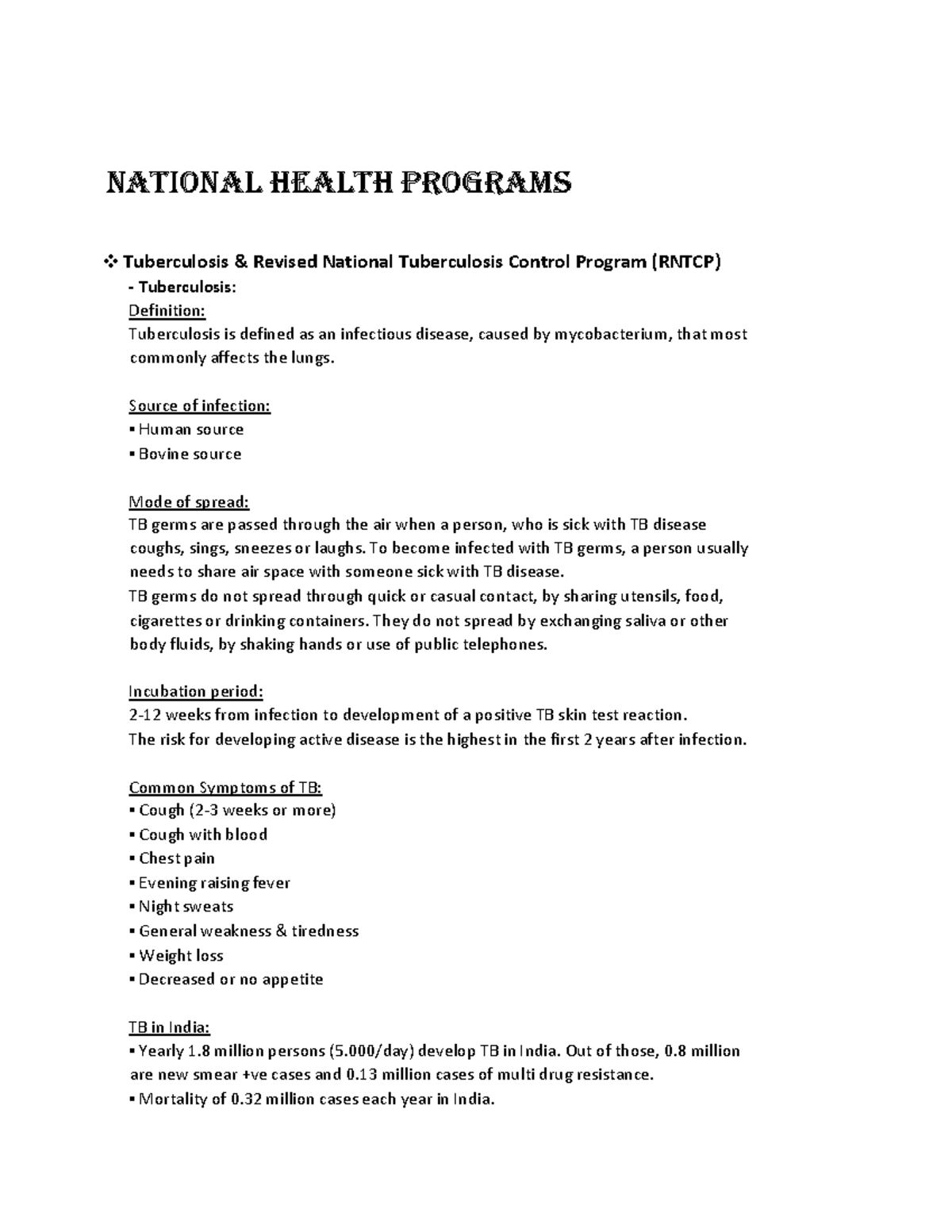 Health programs Swastham - National health programs Tuberculosis ...