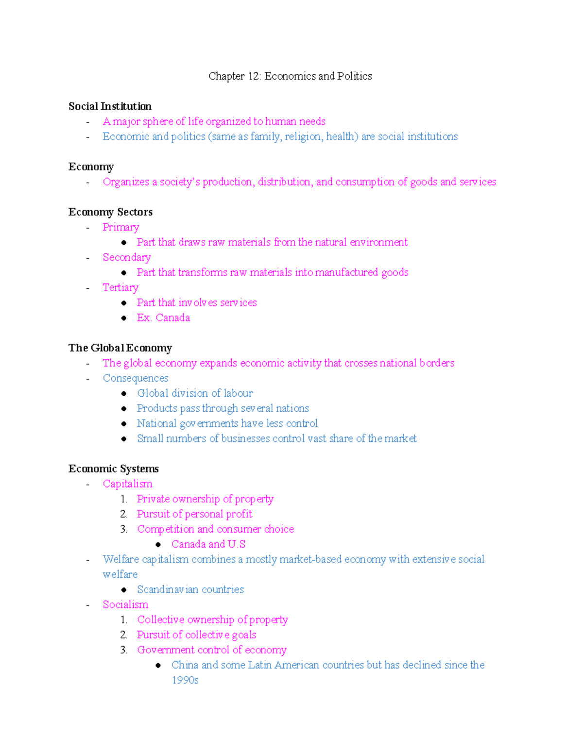 Socio 1101: Chapter 12 - Chapter 12: Economics and Politics Social ...