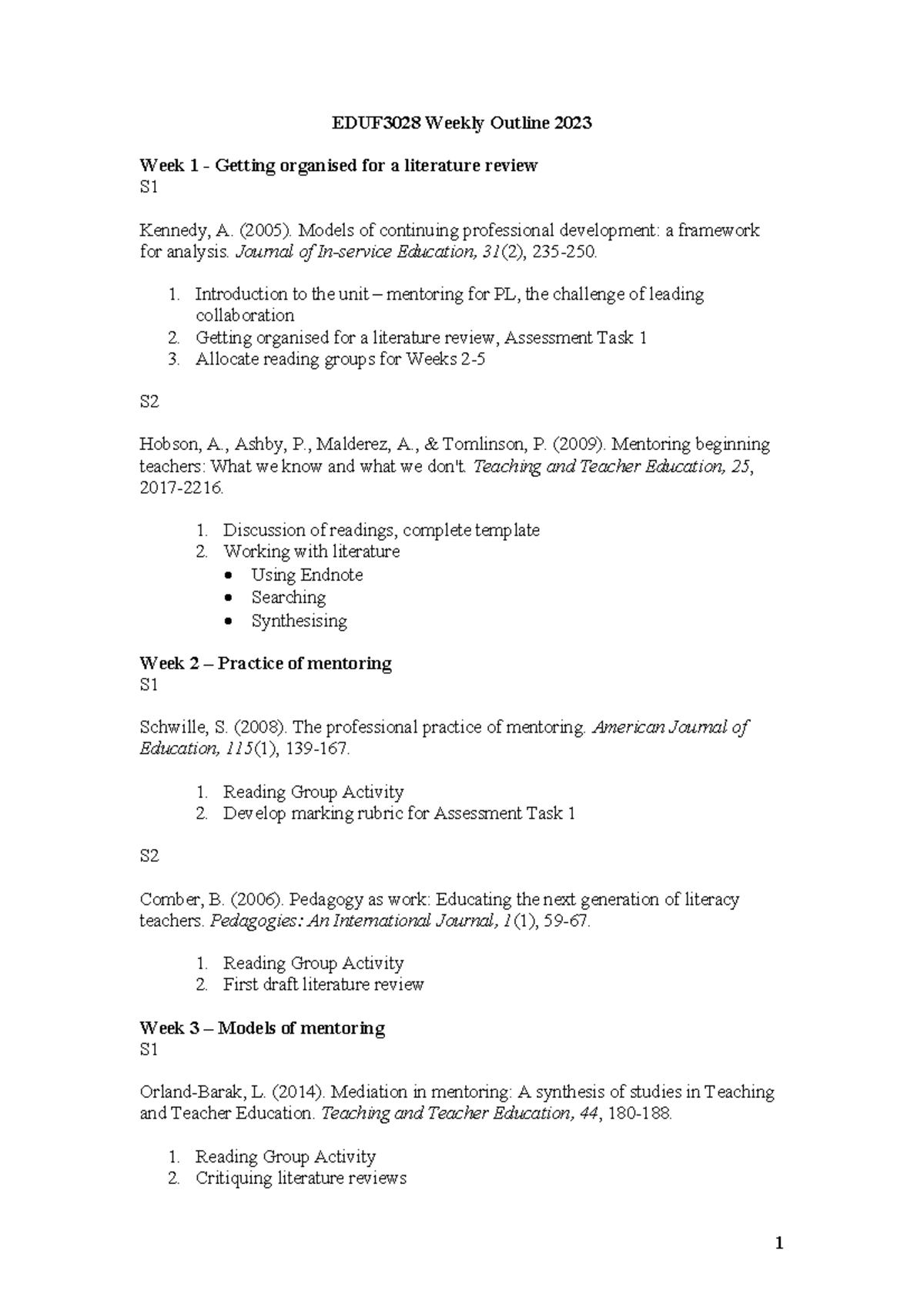 EDUF3028 Weekly Outline 2023 - (2005). Models of continuing ...