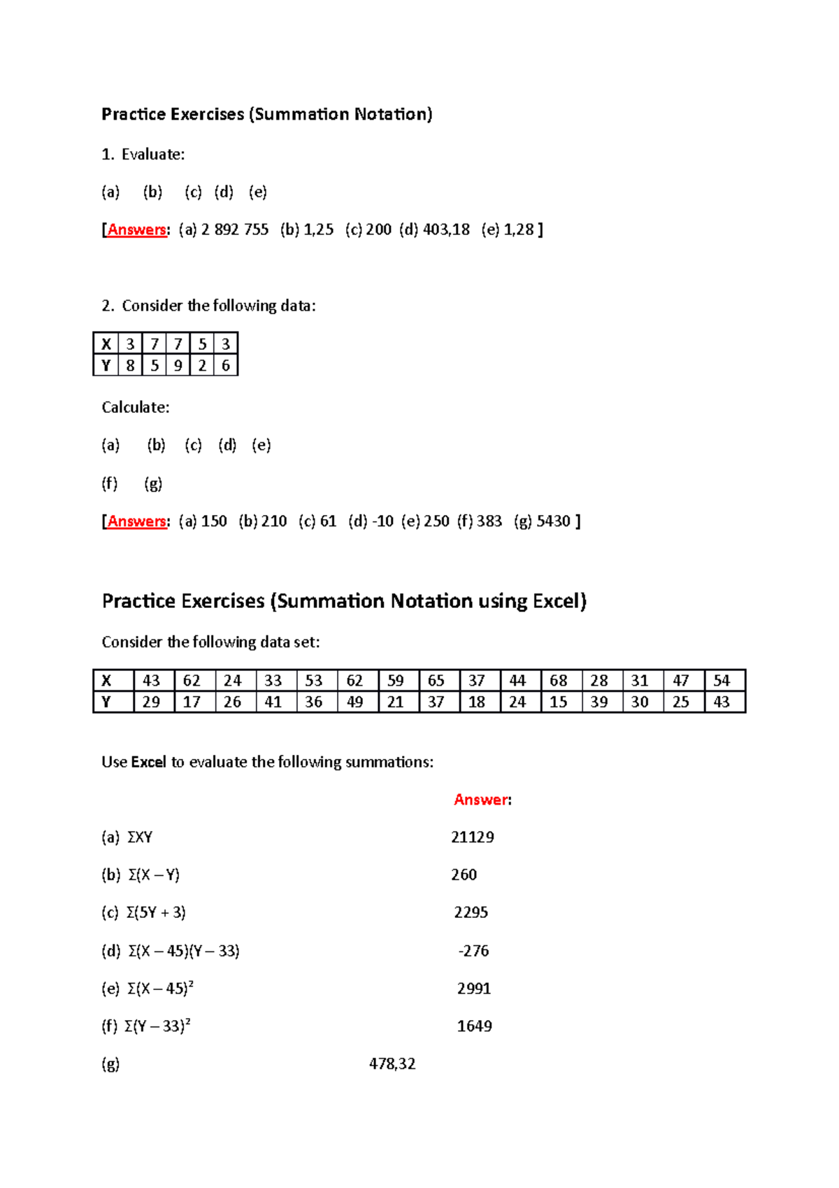 STFM125 Practice Exercises - Summation Notation - Practice Exercises ...