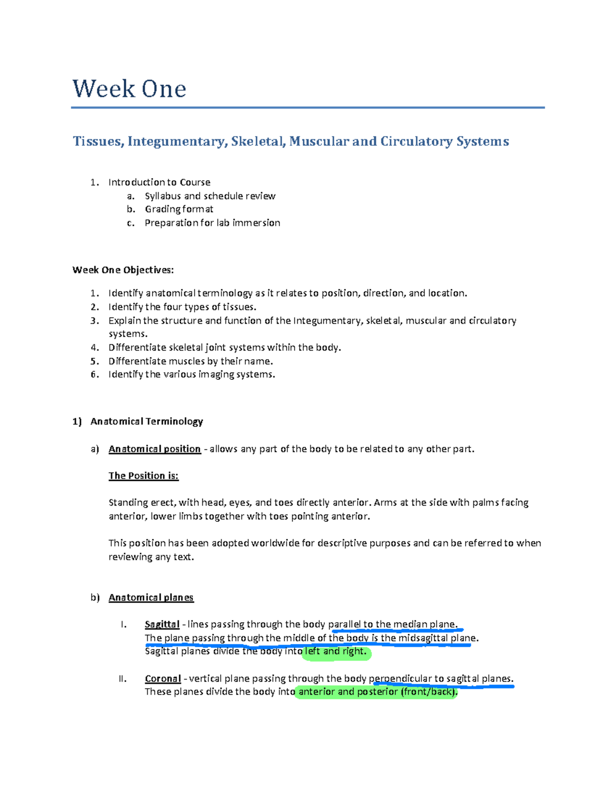 Week 1 Anatomy Notes - Week One Tissues, Integumentary, Skeletal ...