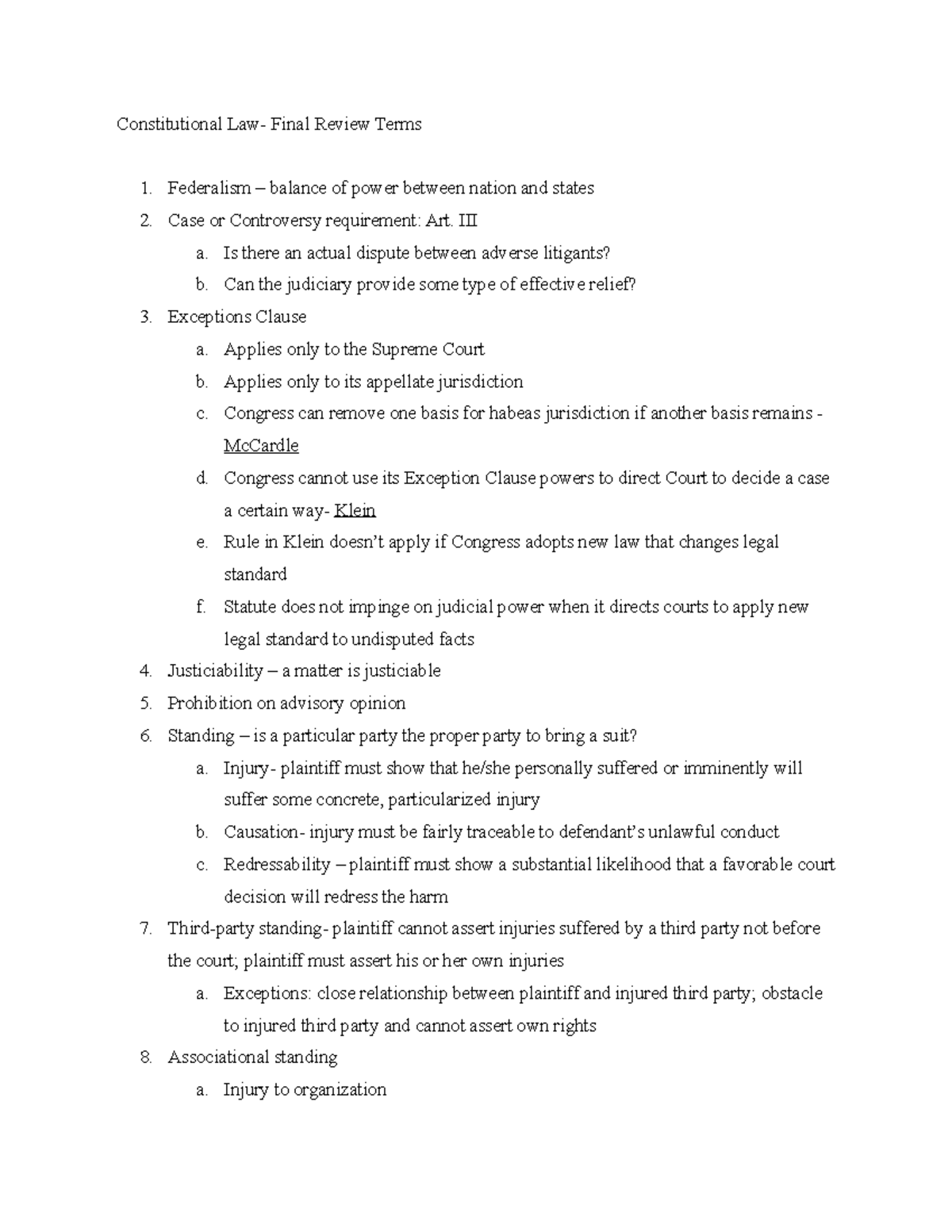 Constitutional Law Final Terms - Constitutional Law- Final Review Terms ...