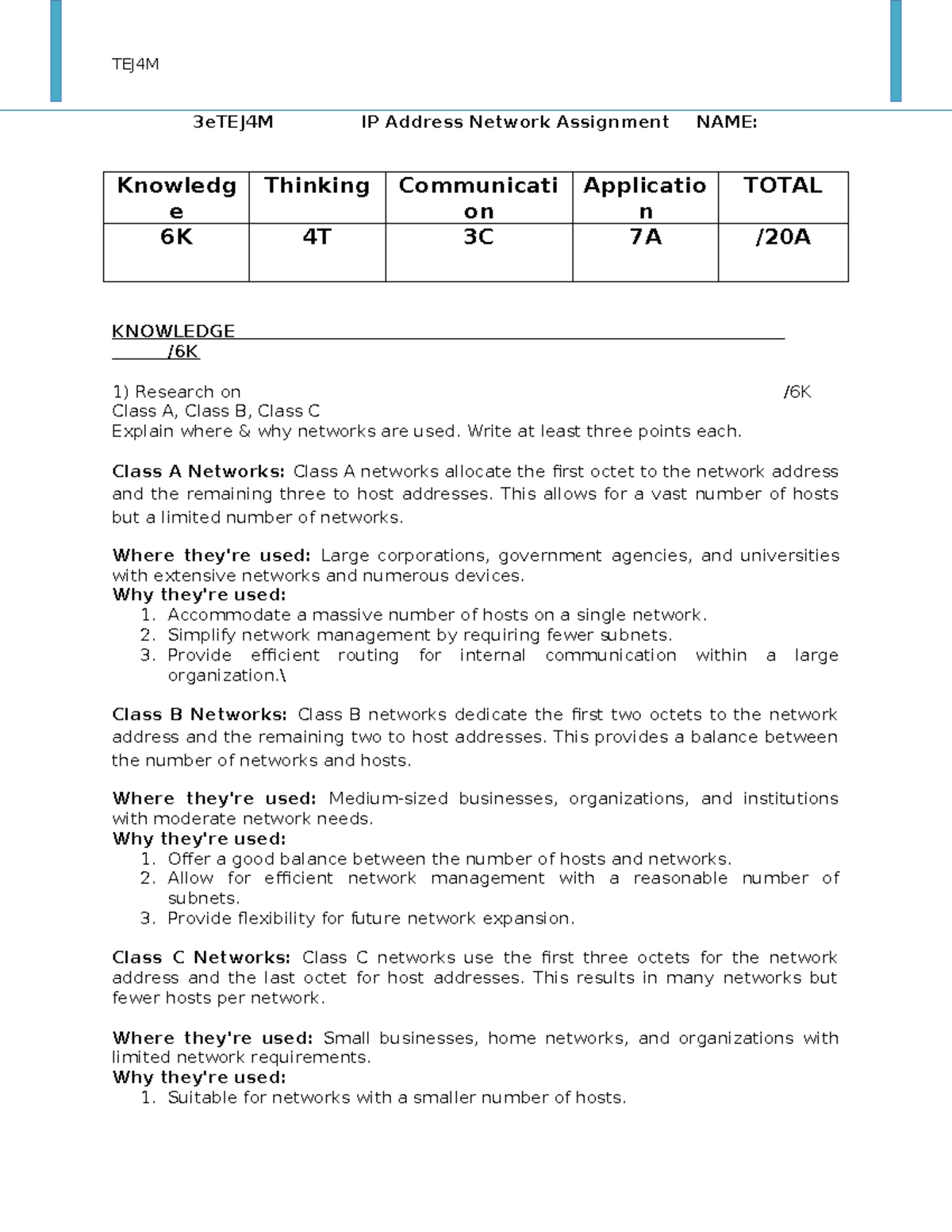 4. IP Address Networking Assignment Student Completed - 3eTEJ4M IP ...