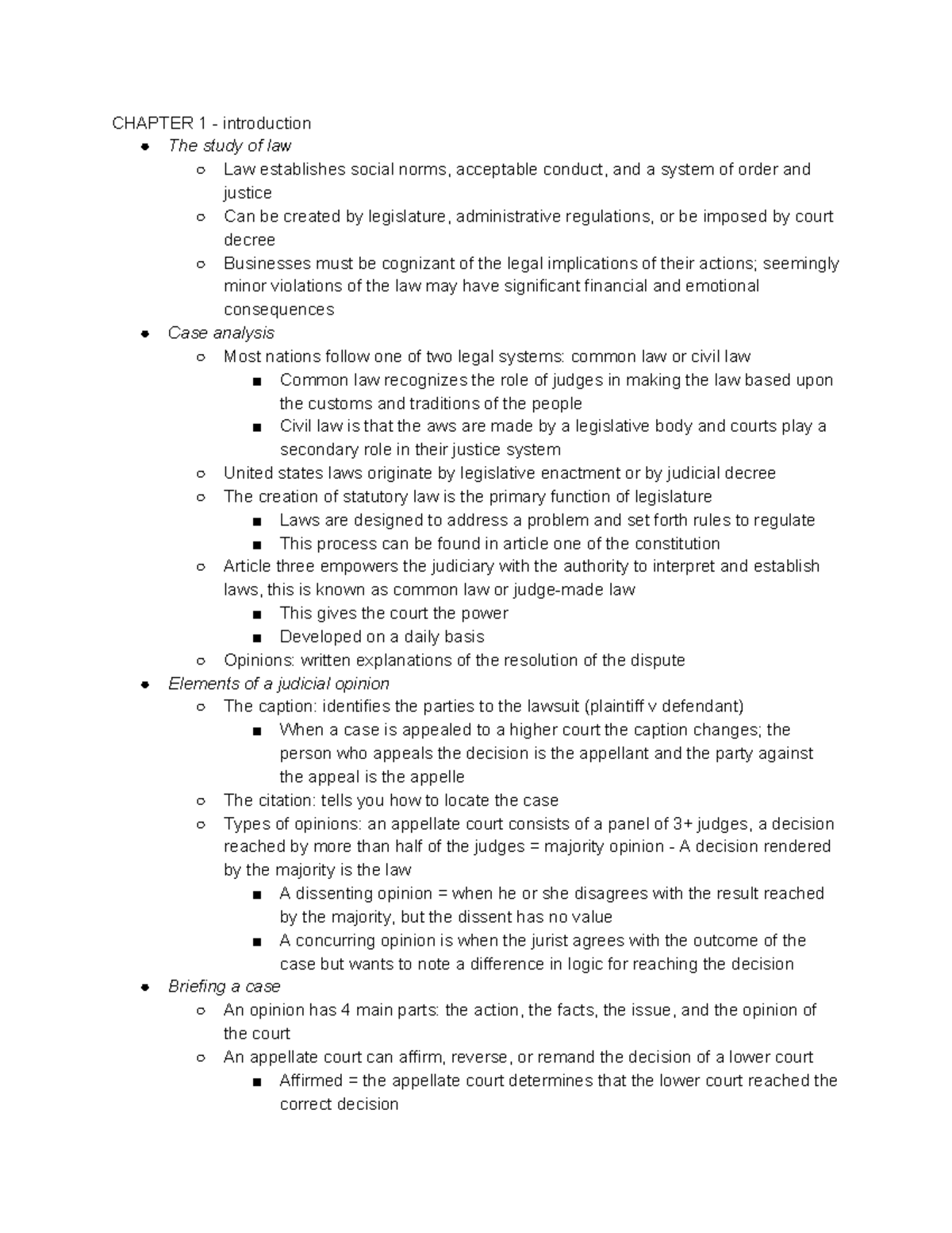 Legal chapter outlines - CHAPTER 1 introduction The study of law Law ...