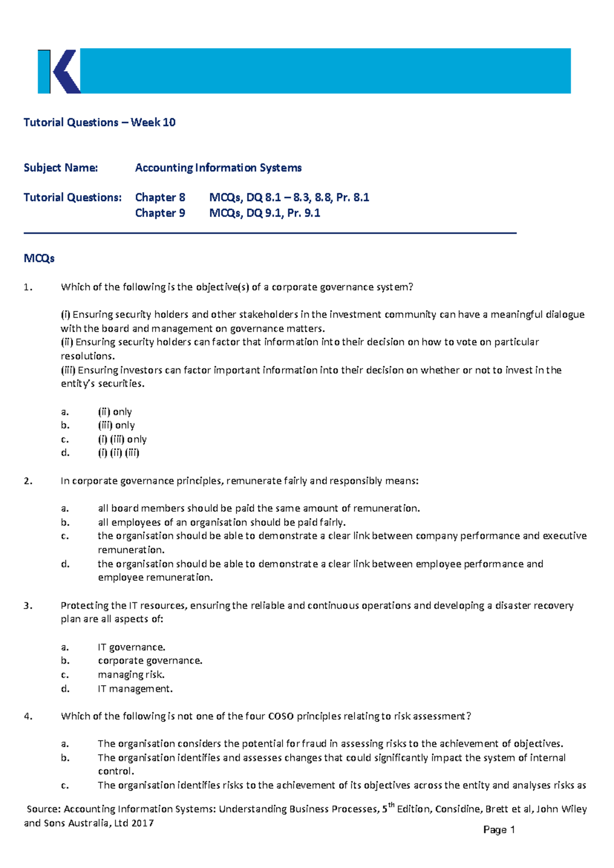 A I S Tutorial Questions Week 10 - Page 1 Source: Accounting ...