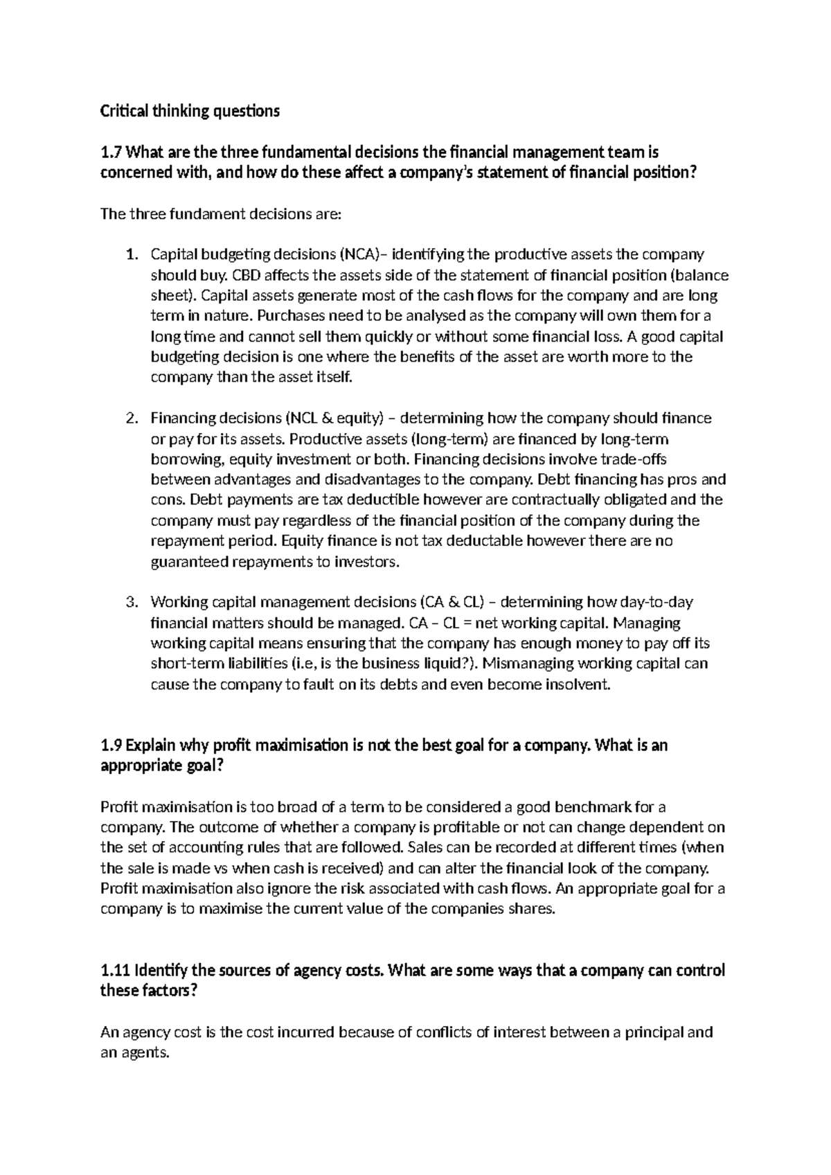 AFIN2053 Week 1 Tut Questions - Critical thinking questions 1 What are ...