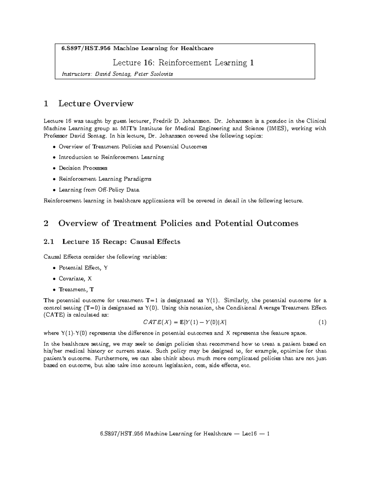 Reinforcement Learning 1 - 6.S897/HST Machine Learning for Healthcare ...