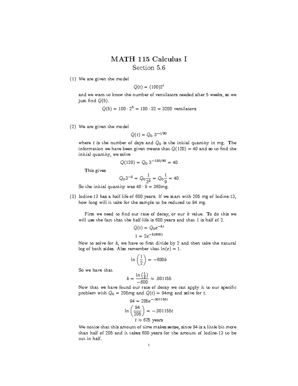 Section 5.6 Solutions - MATH 115 Calculus I Section 5. (1) We are given ...