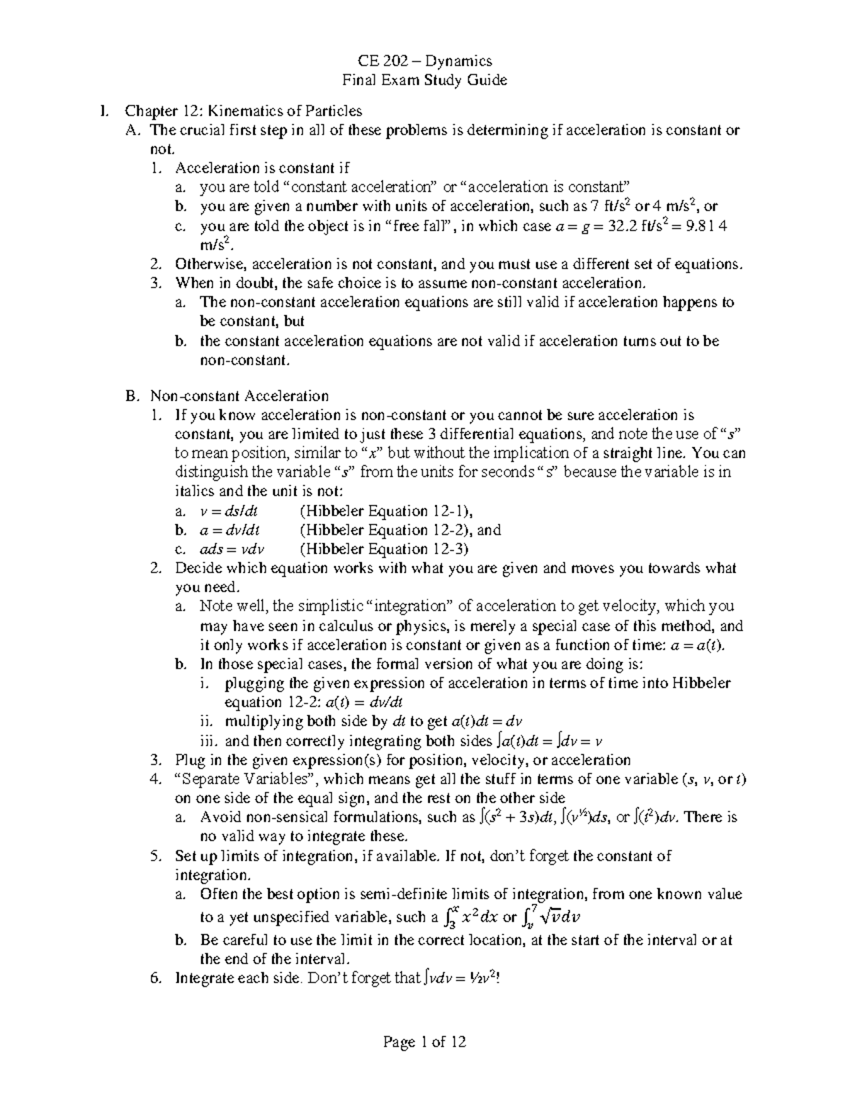 CE 202 Final Exam Study Guide - Final Exam Study Guide I. Chapter 12 ...