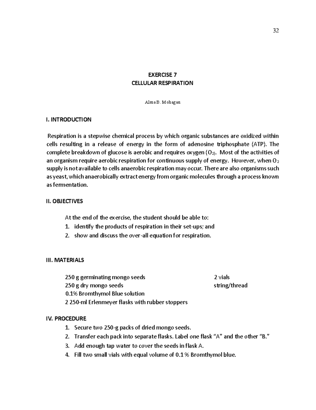 Exercise 7 - Cellular Respiration (BIO11A) - EXERCISE 7 CELLULAR ...