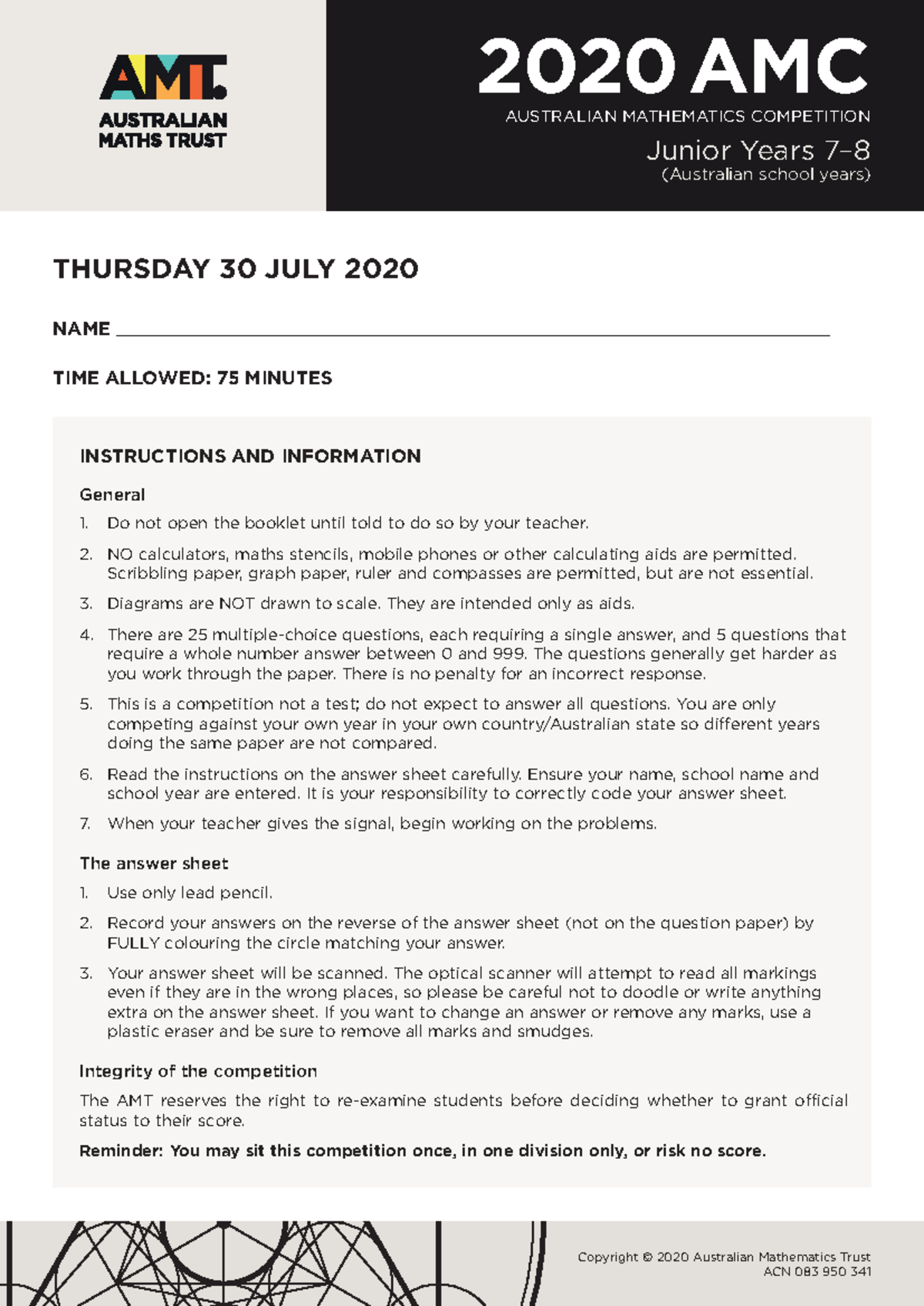 2020 AMC Junior - AMC past paper - Copyright © 2020 Australian ...
