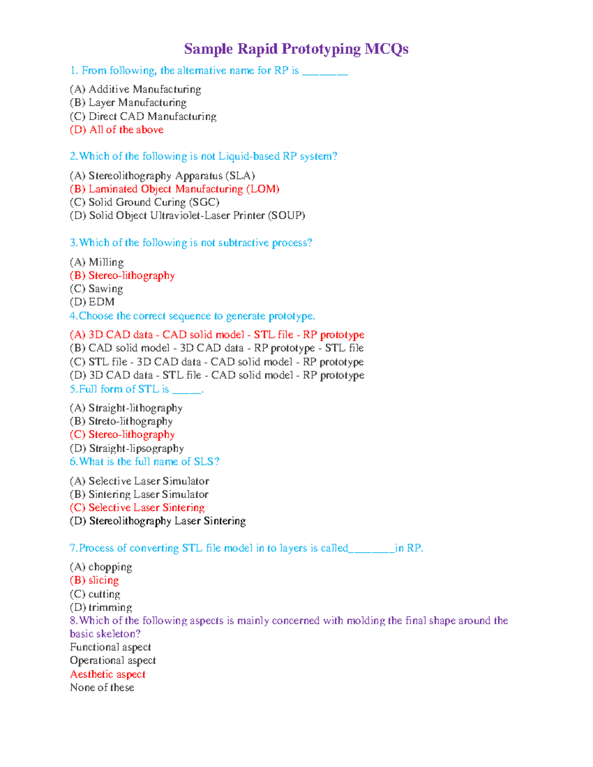 RP (Sem. VIII) - Sample Rapid Prototyping MCQs From following, the ...