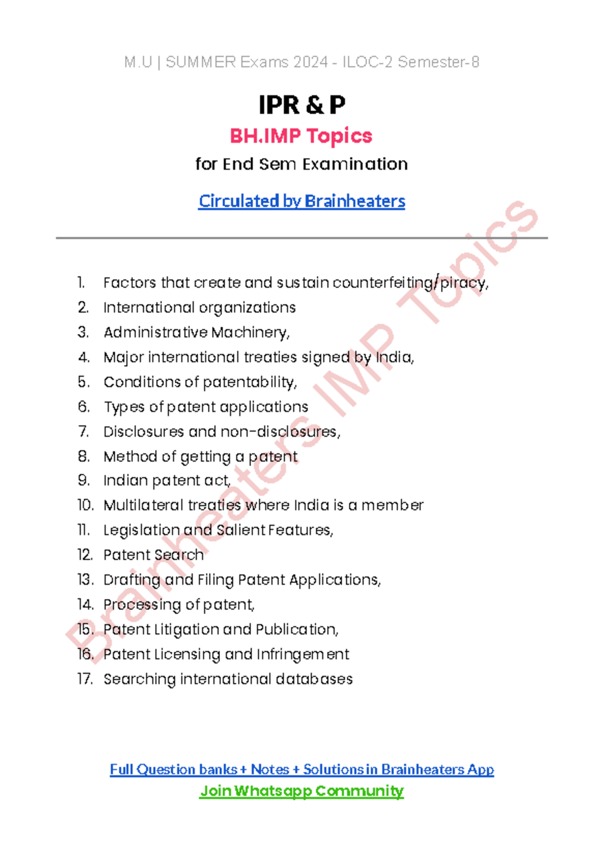 IPR&P ILOC Sem8 IMP Topics 2 - Brainheaters IMP Topics M | SUMMER Exams ...