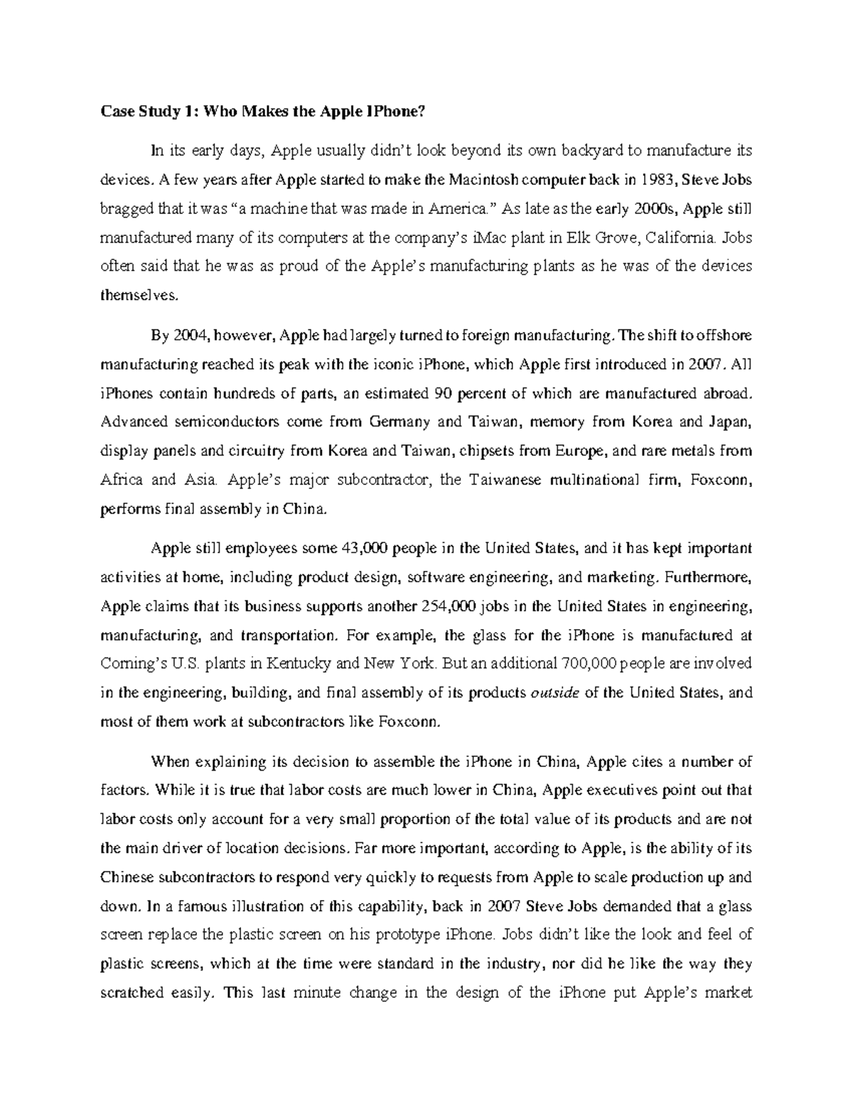 Apple-case-study - Case Study 1: Who Makes the Apple IPhone? In its ...