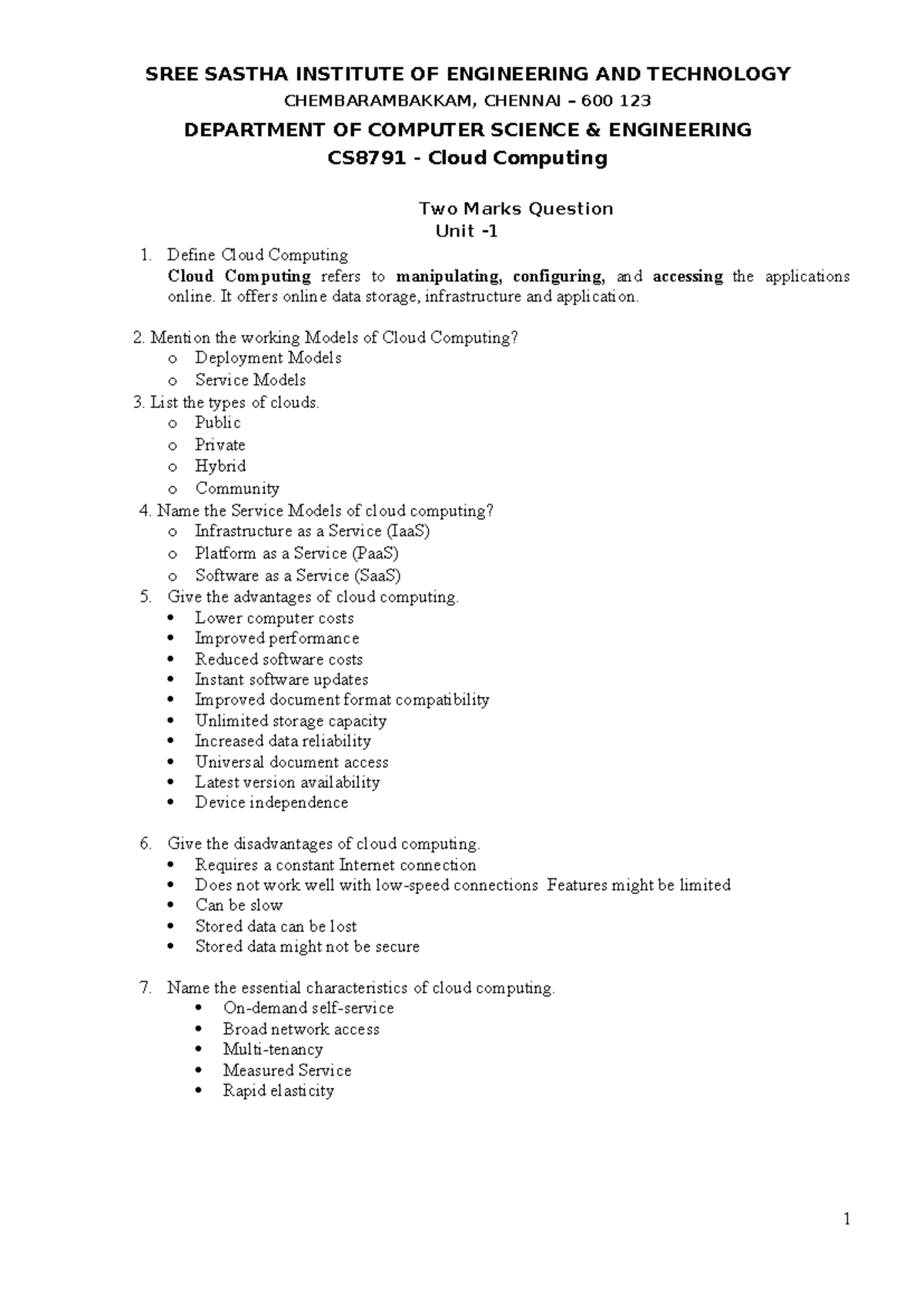 Cloud Computing Question Bank Two Marks Sree Sastha Institute Of Engineering And Technology