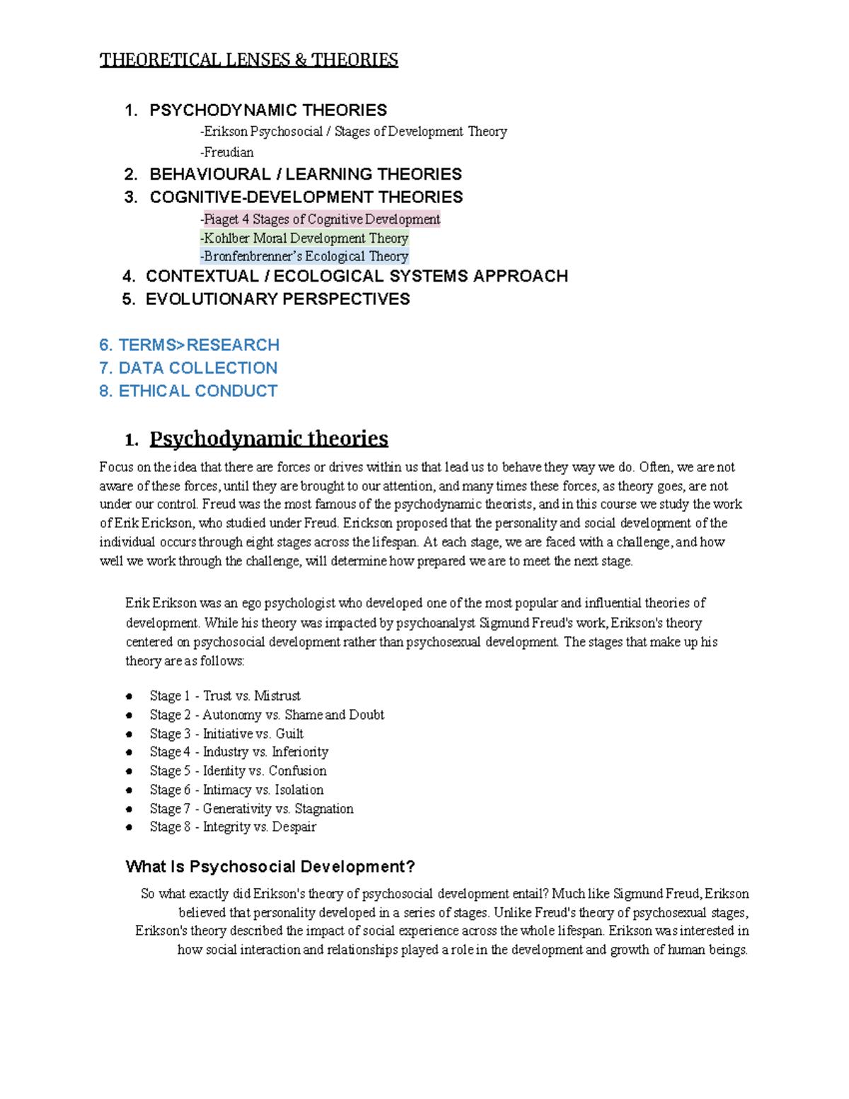 U1 Theories in Human Development - 1. PSYCHODYNAMIC THEORIES -Erikson ...