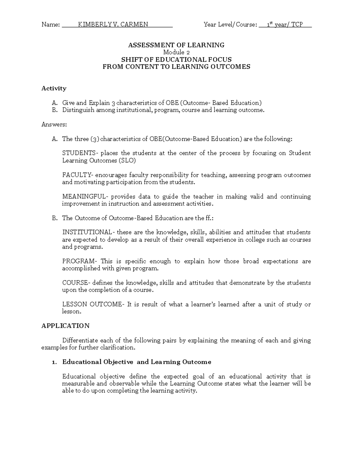 Lesson 2 Shift to Educational Focus from Content to Learning Outcomes - ASSESSMENT OF LEARNING ...