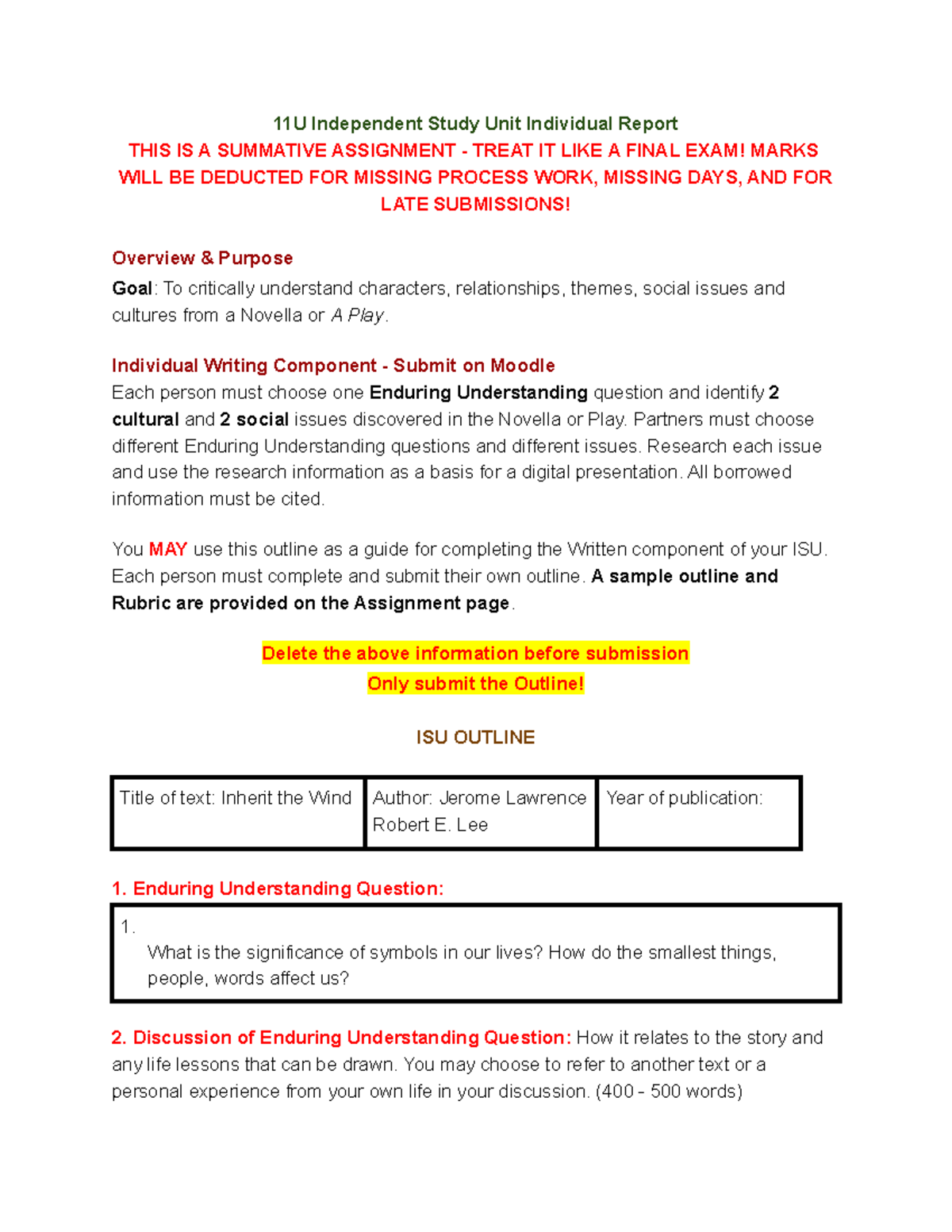11U Independent Study Unit Individual Report - Individual Writing ...