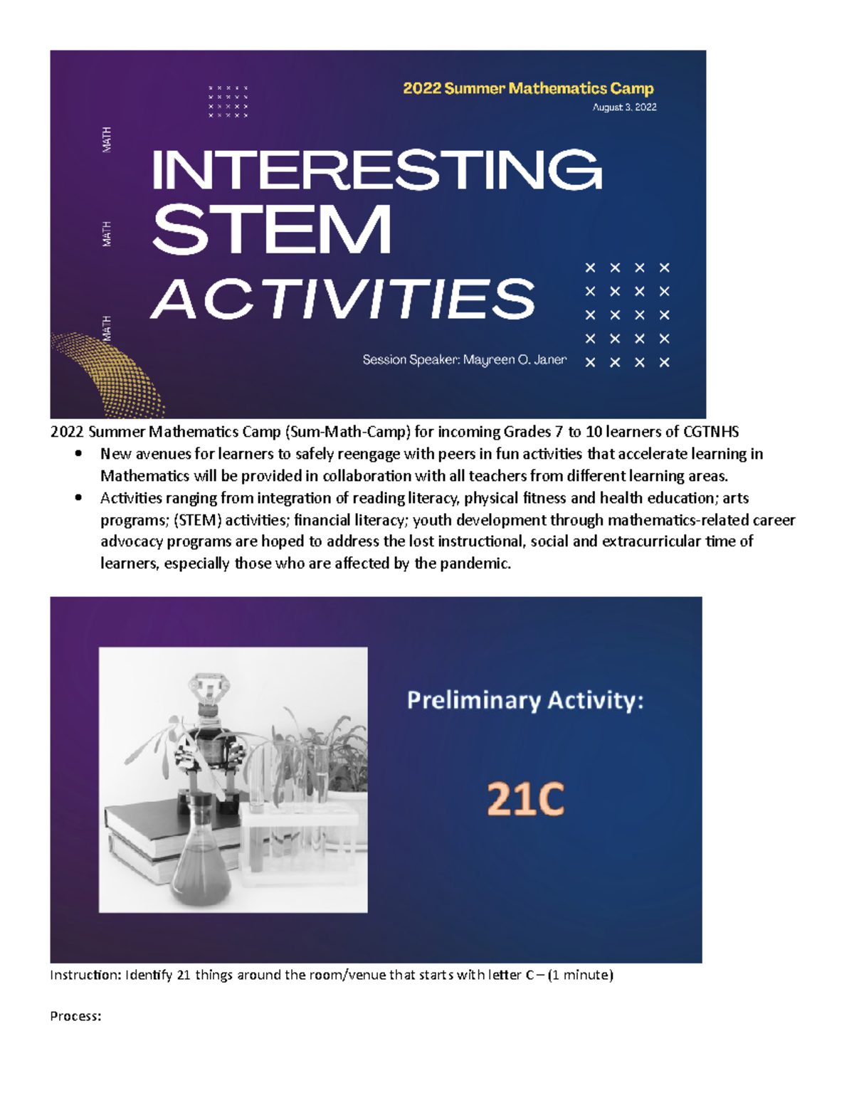 2022 Summer Mathematics Camp - Activities ranging from integration of ...