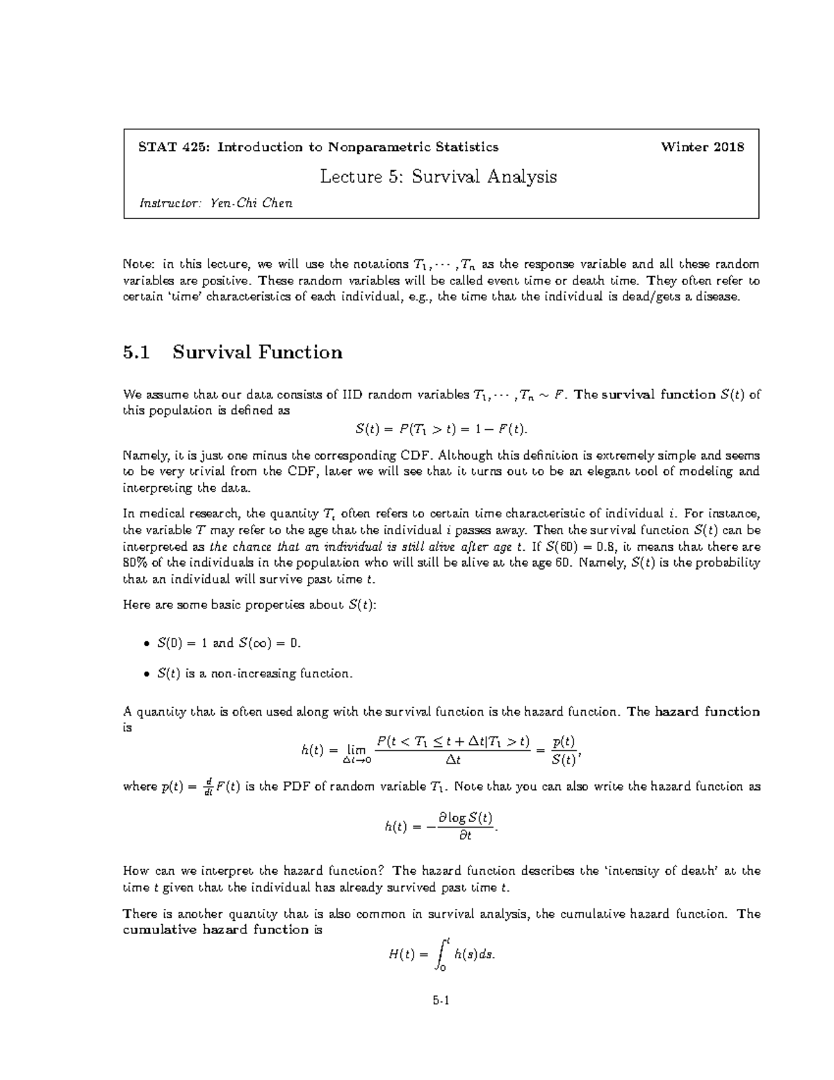 Lec5 survival analysis of lifetime data - STAT 425: Introduction to Nonparametric Statistics ...