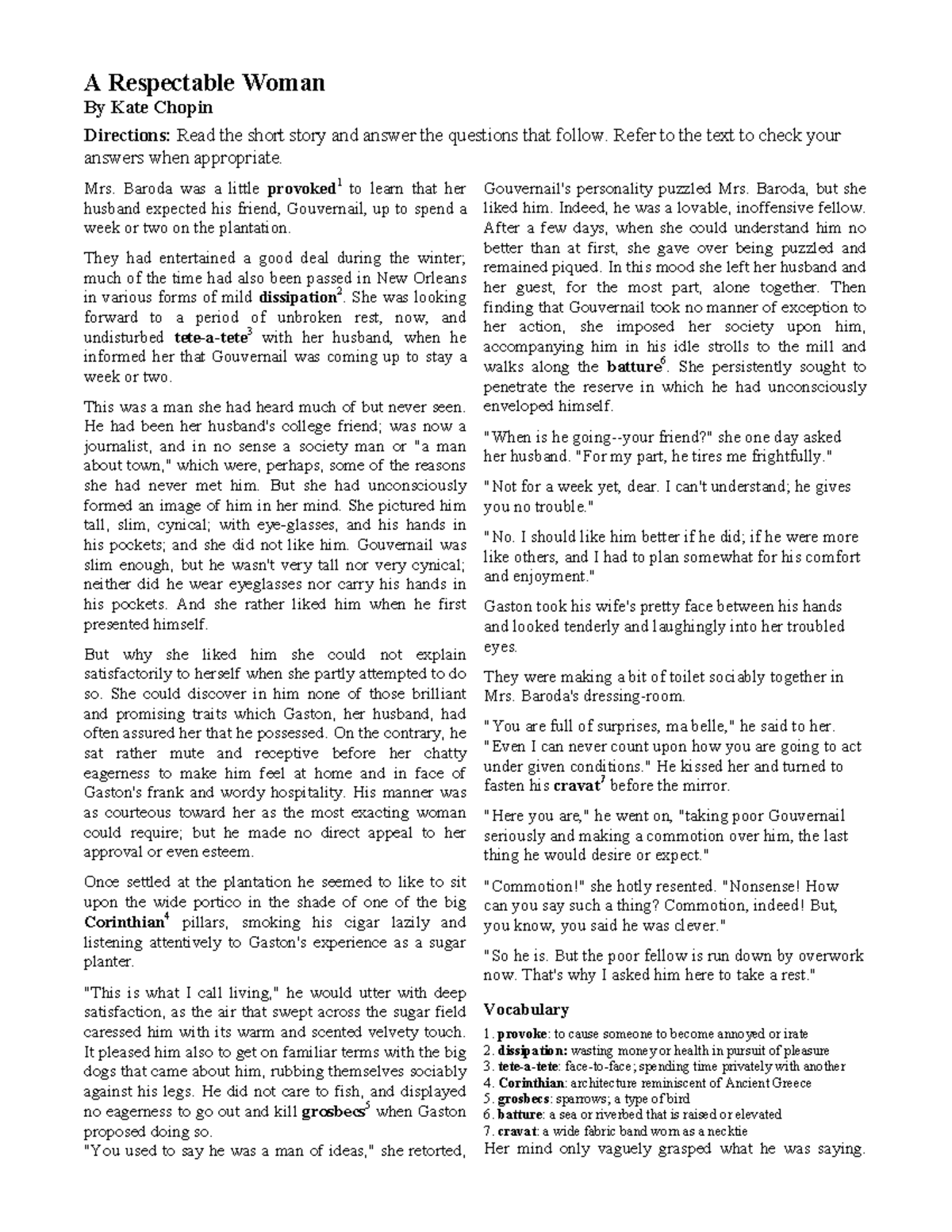 PRL2- Midtermtest - notes - A Respectable Woman By Kate Chopin ...