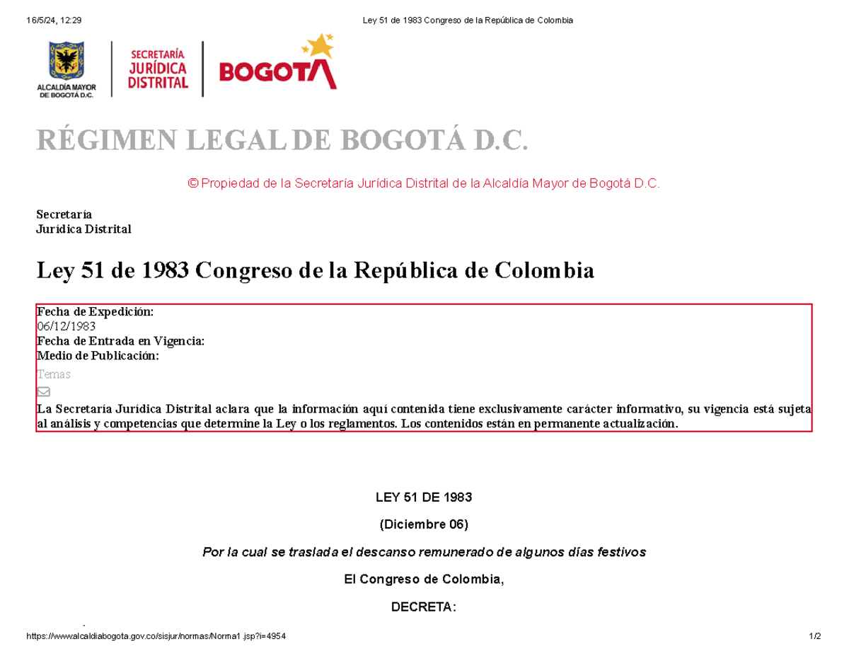 Ley 51 de 1983 Congreso de la República de Colombia - RÉGIMEN LEGAL DE ...