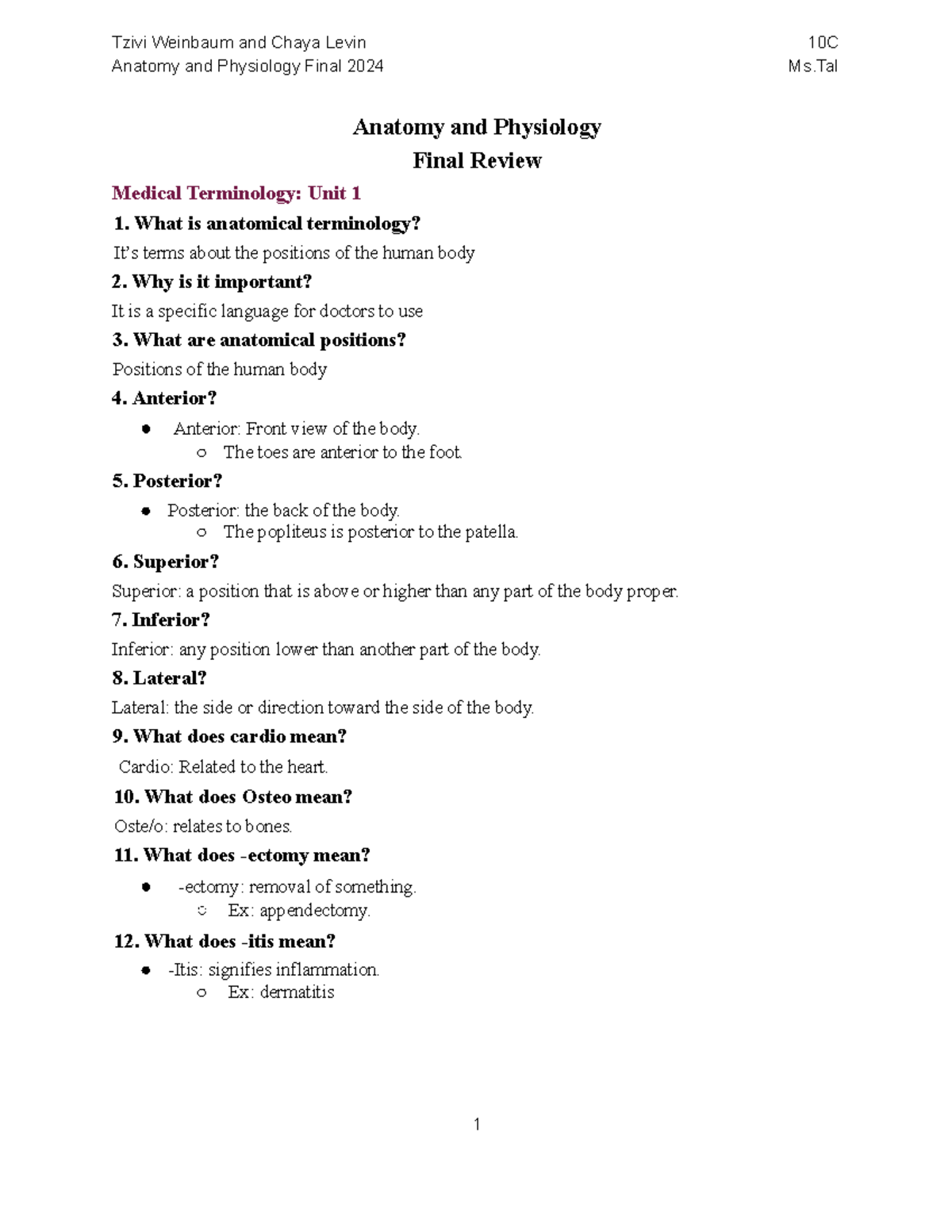Final Review 2024 - Ttt - Anatomy and Physiology Final 2024 Ms Anatomy ...