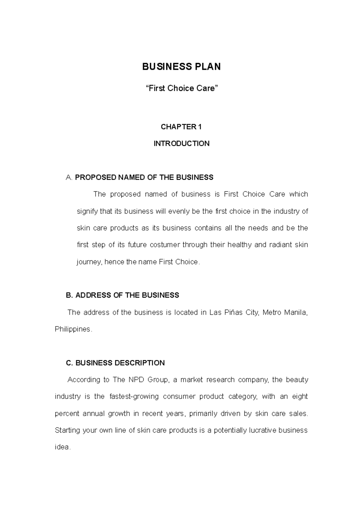 Chapter 1 Of Business Plan First Choice Care BUSINESS PLAN First