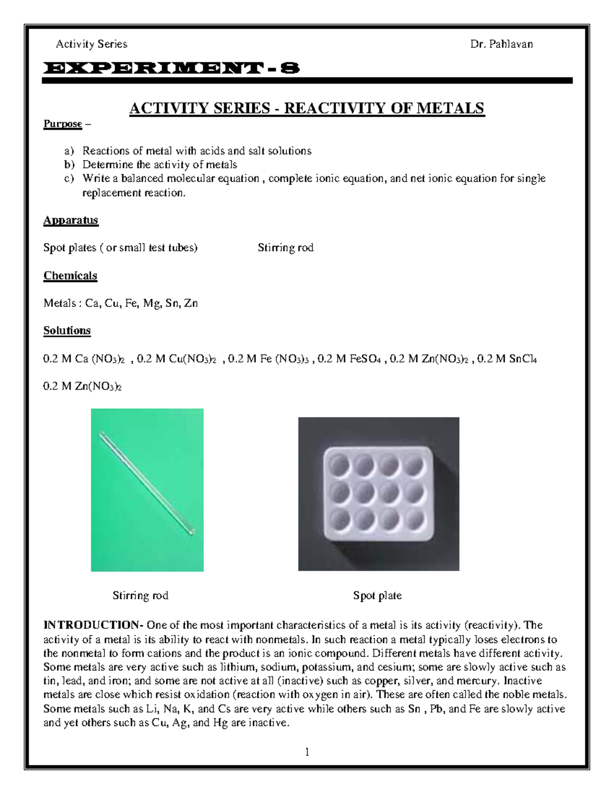 Lab 8 - Activity Series (LSC) - EXPERIMENT - 8 ACTIVITY SERIES ...