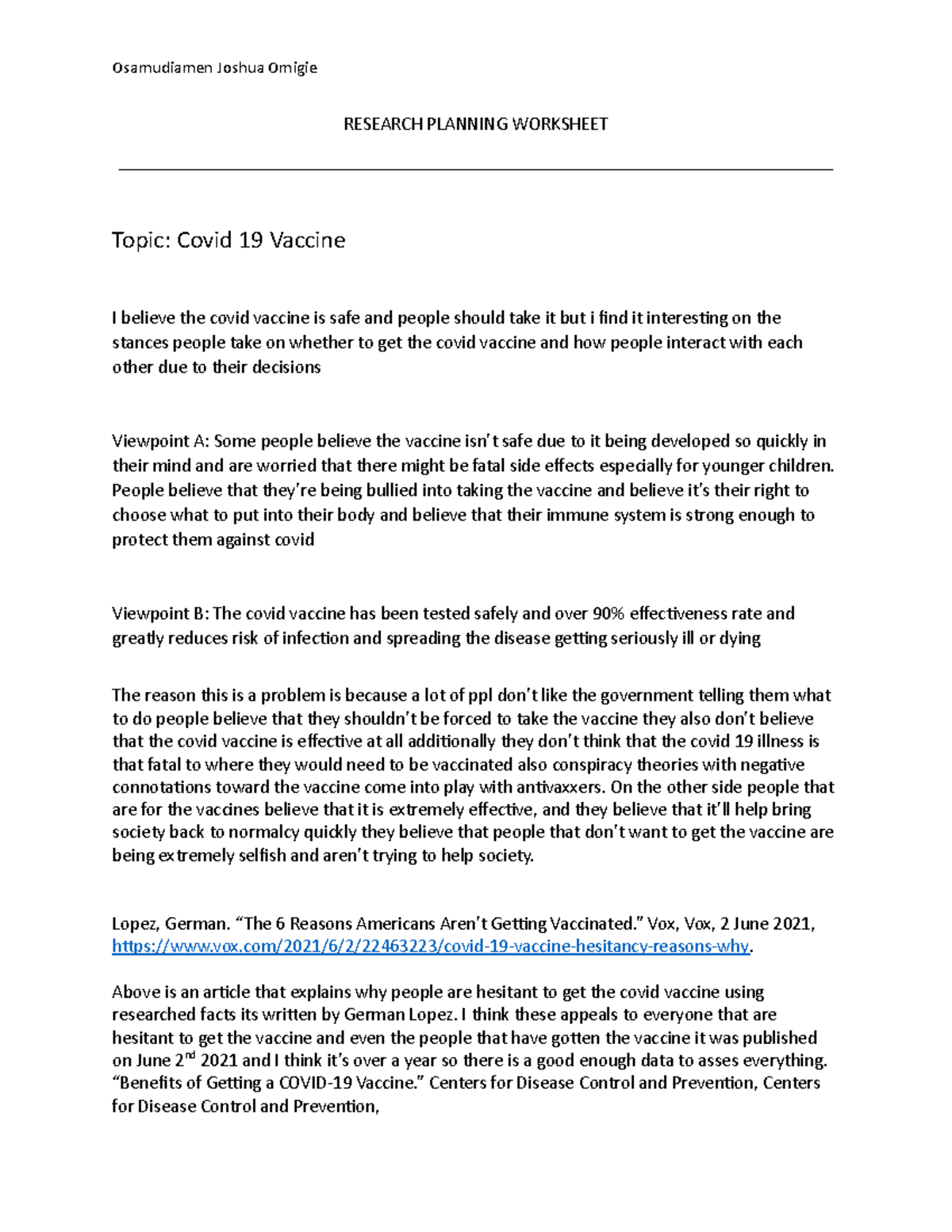 Research Planning Worksheet-1 - Osamudiamen Joshua Omigie RESEARCH ...