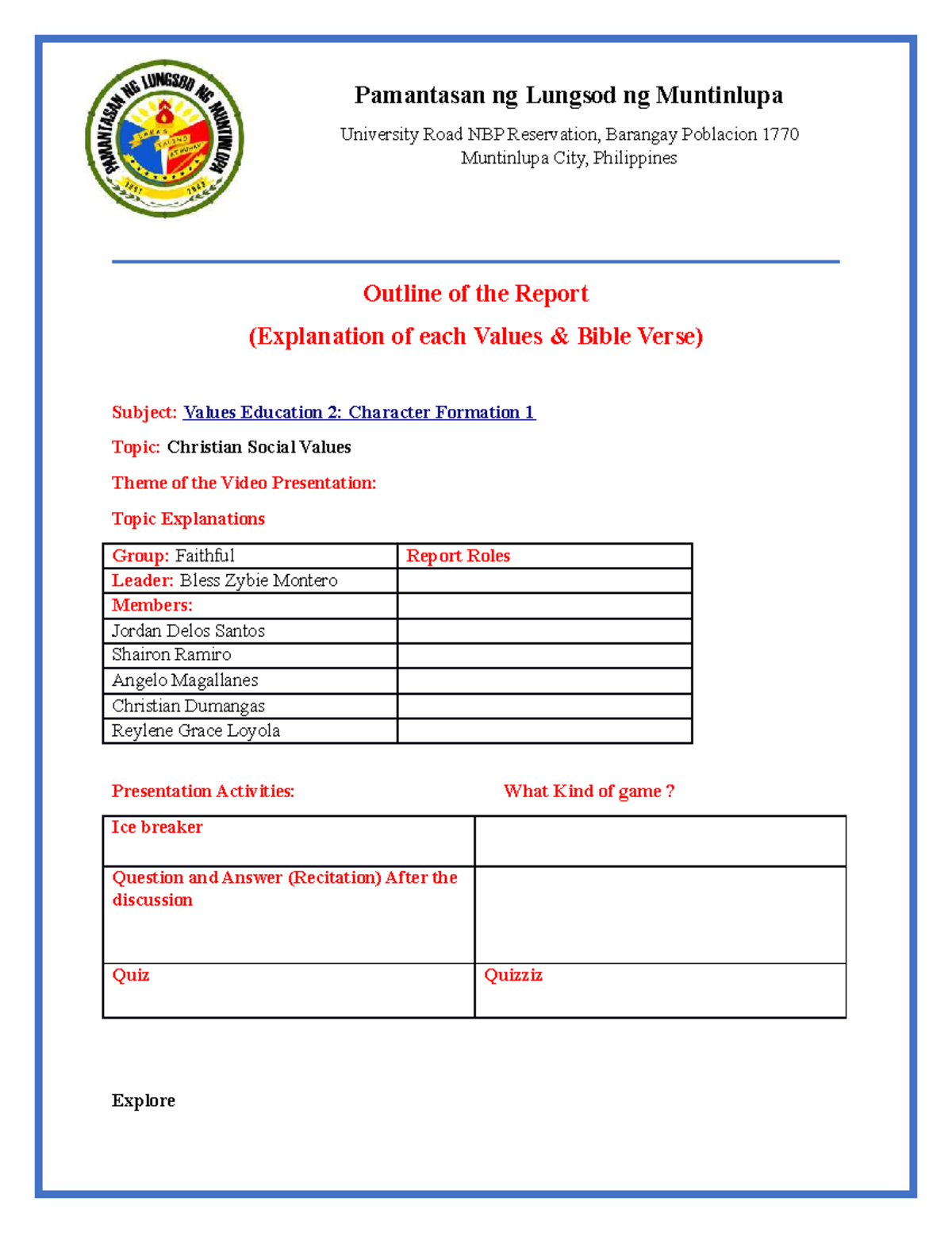 Outline of the Report - Lecture notes 1-4 - Outline of the Report ...