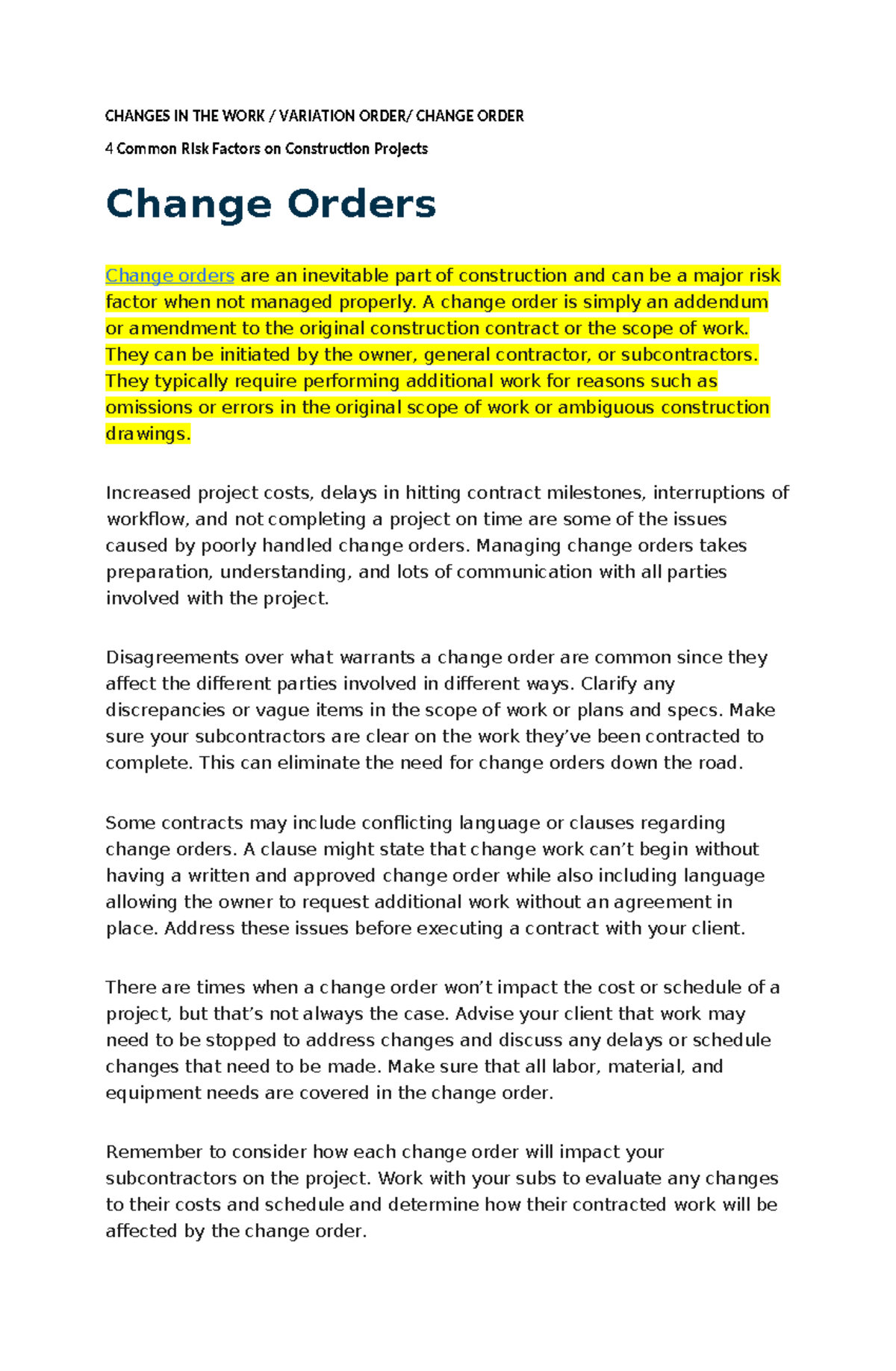 Changes IN THE WORK - CHANGES IN THE WORK / VARIATION ORDER/ CHANGE ...