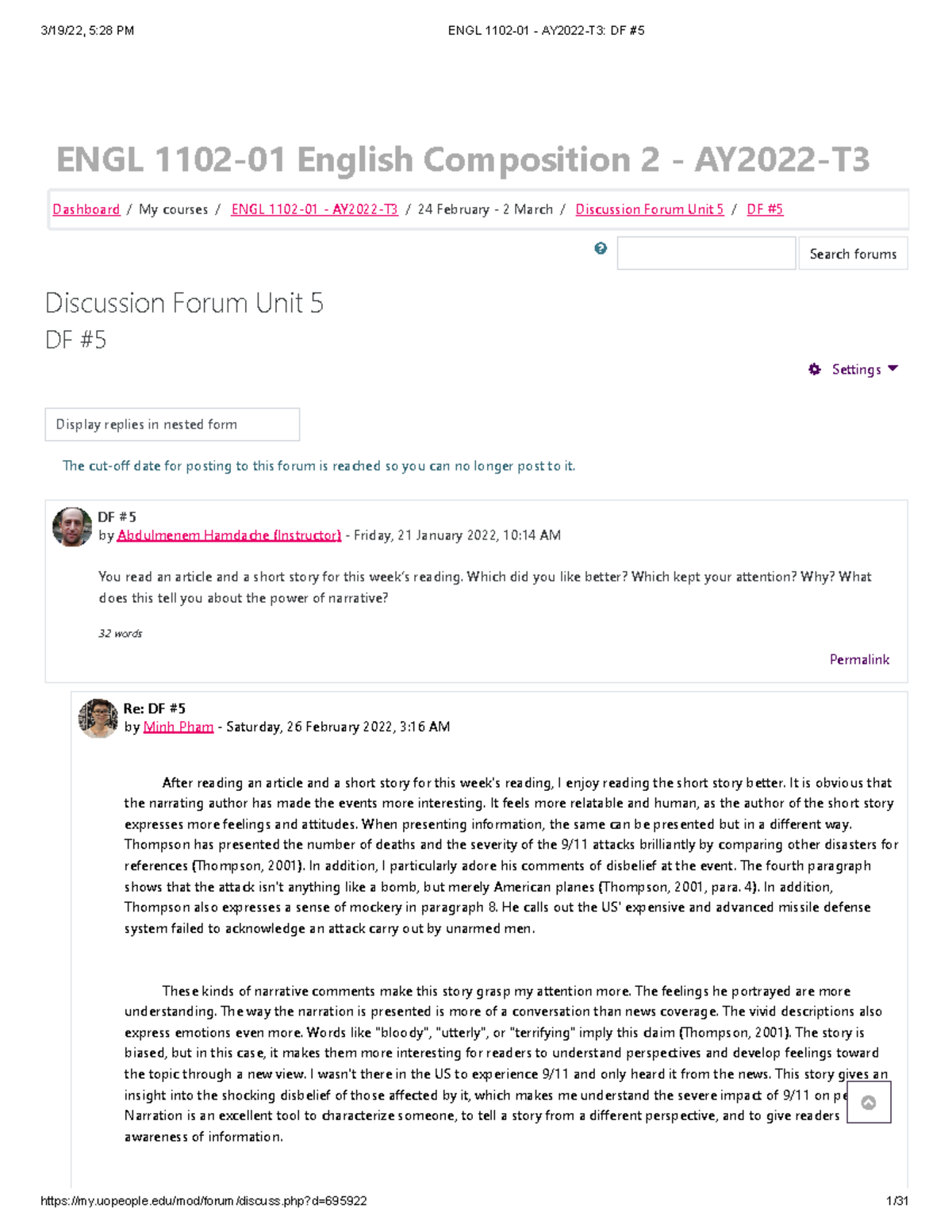 ENGL 1102-01 - AY2022-T3 DF #5 - ENGL 1102-01 English Composition 2 - AY2022-T Discussion Forum ...