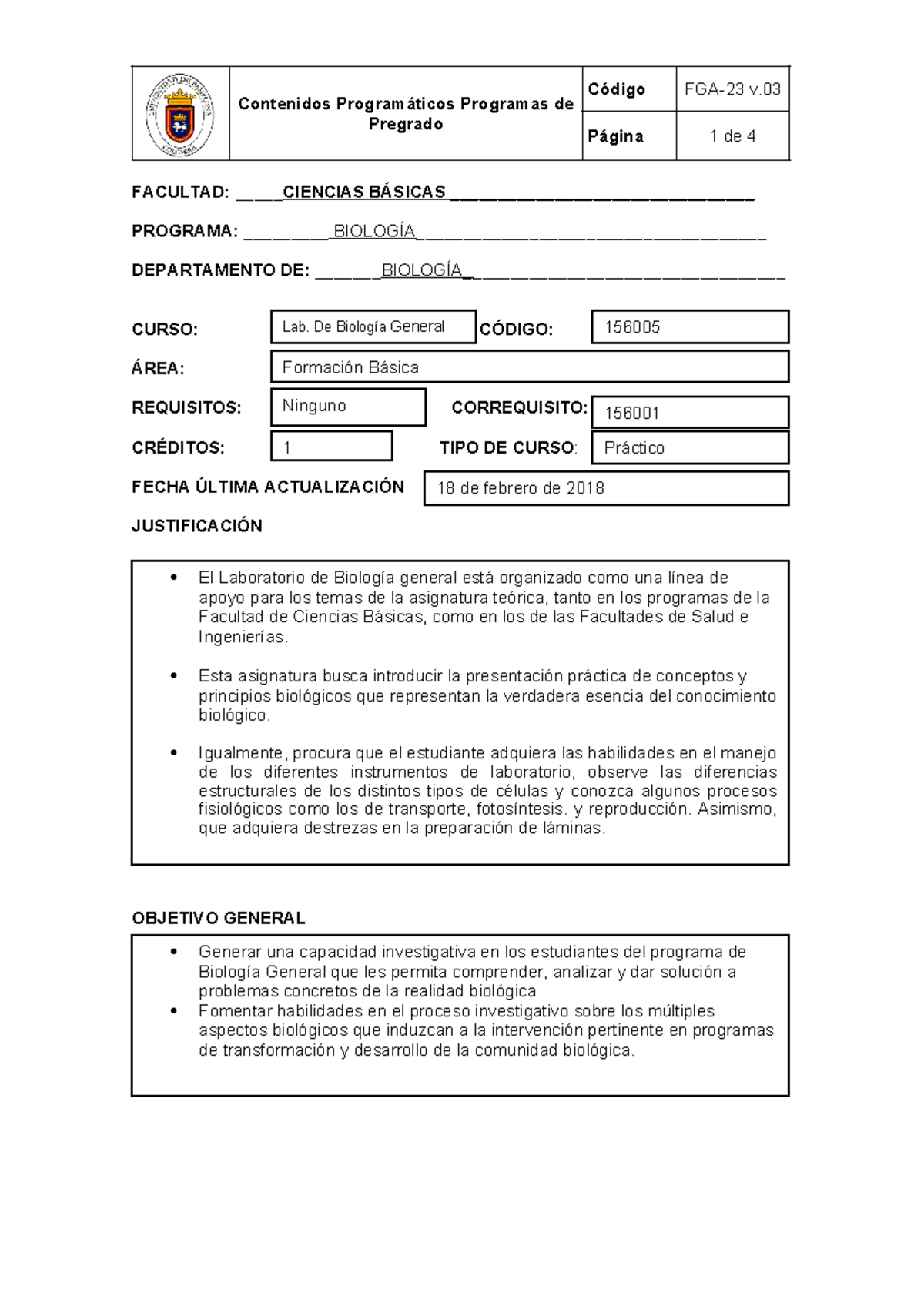 Labbiologia - Contenidos programaticos - Contenidos Programáticos Programas de Pregrado Página 1 ...