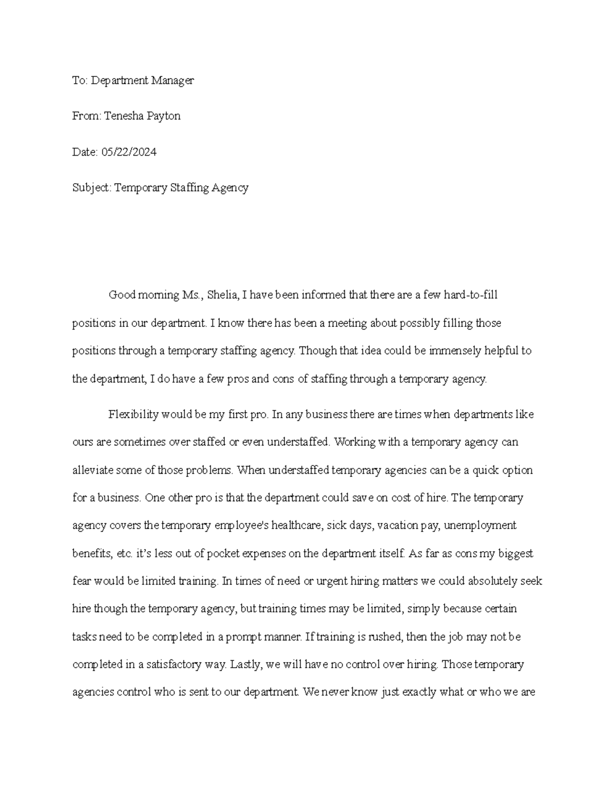 HRM 300 PROS VS CONS TEMP Staffing DOC - To: Department Manager From ...