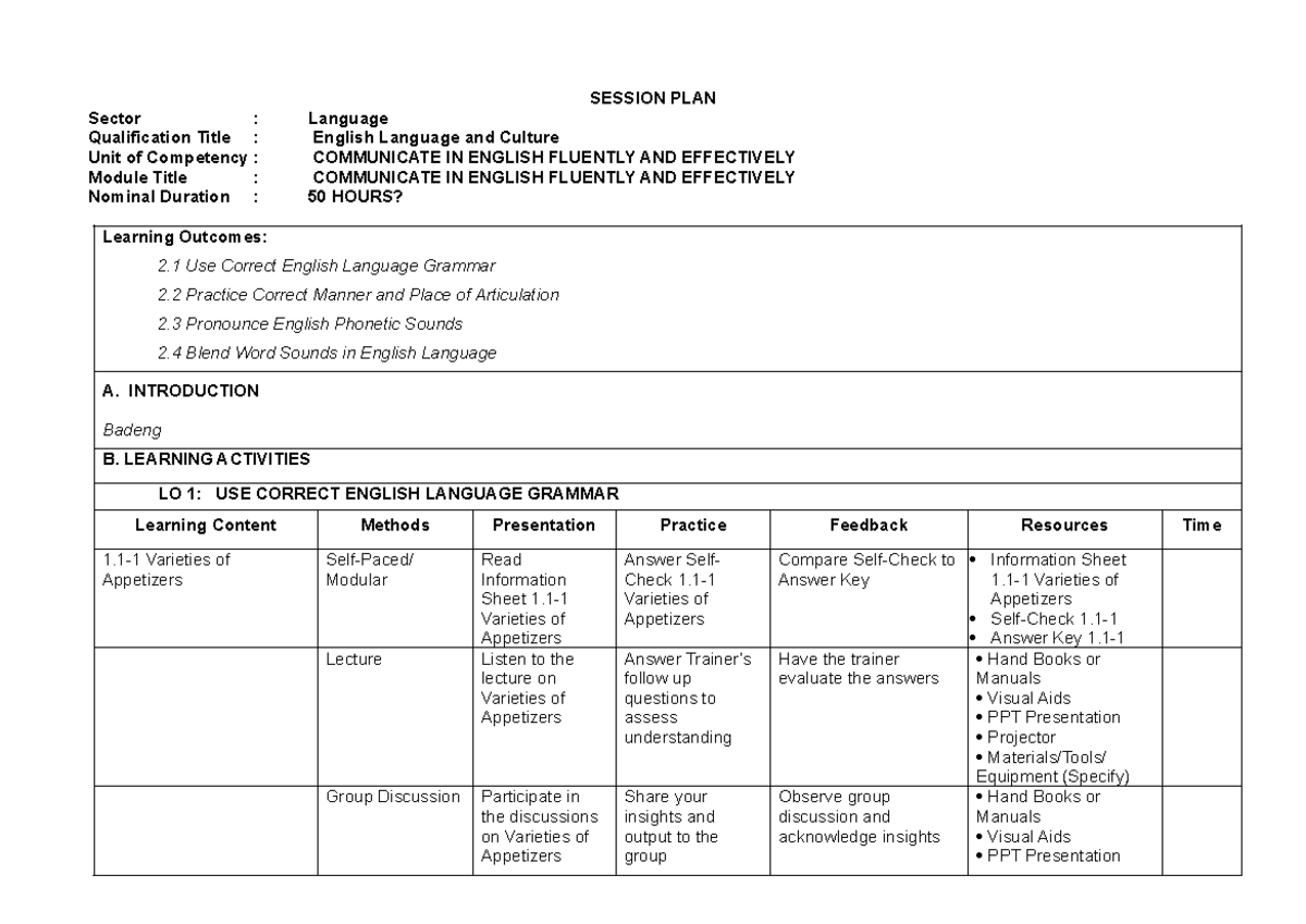 Session plan - ASDF - SESSION PLAN Sector : Language Qualification ...