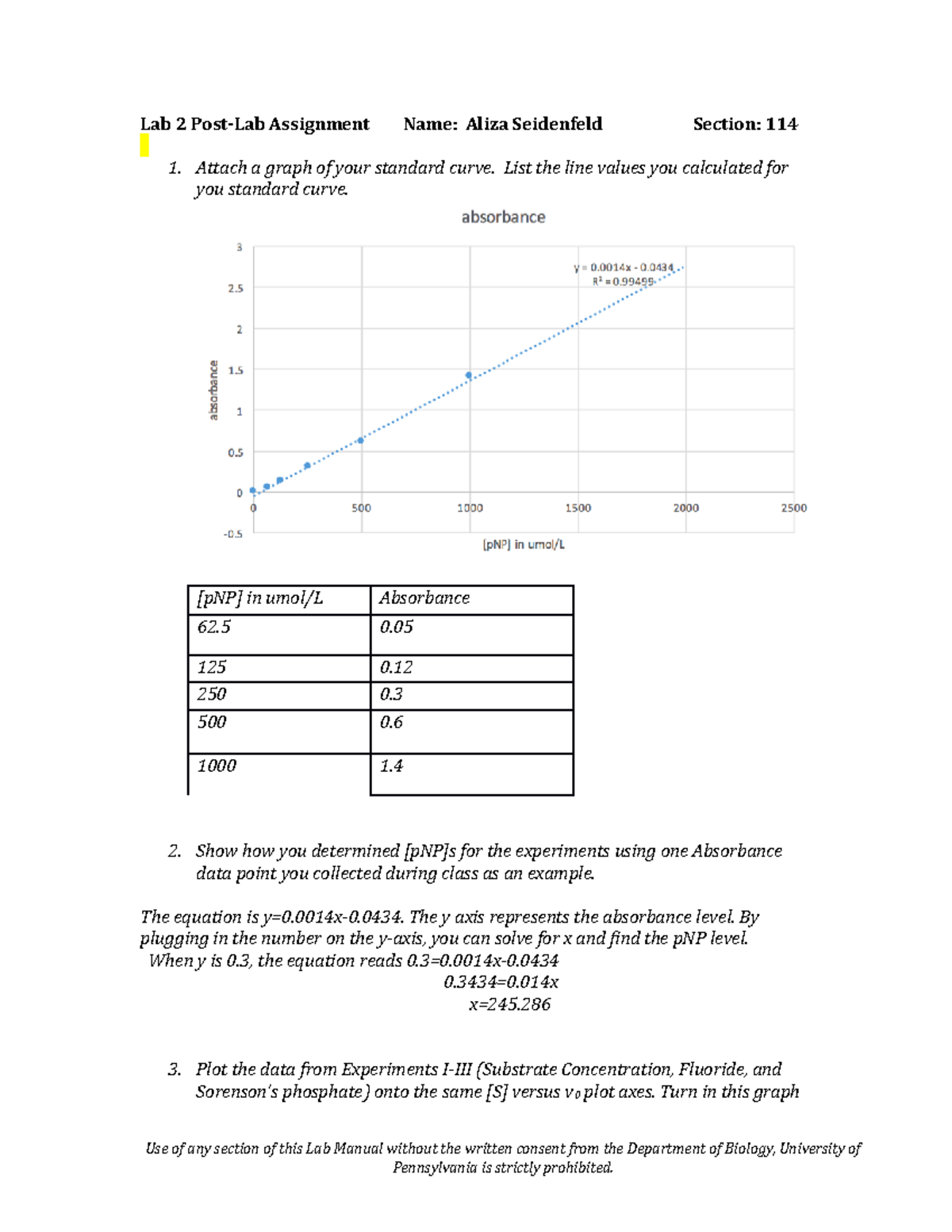 Enzyme Kinetic post lab questiosn - Lab 2 Post-Lab Assignment Name ...