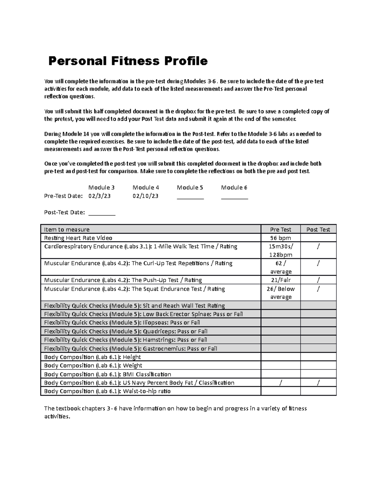Fitness Profile Test 21 copy - Personal Fitness Profile You will ...