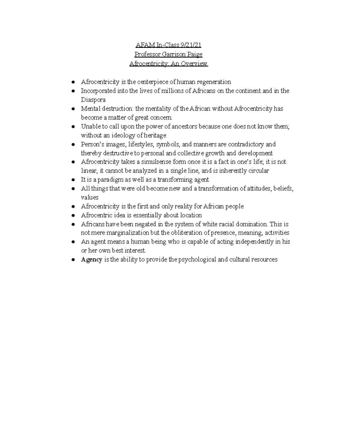 AFAM In-Class 9/21/21 - AFAM In-Class 9/21/ Professor Garrison Paige ...