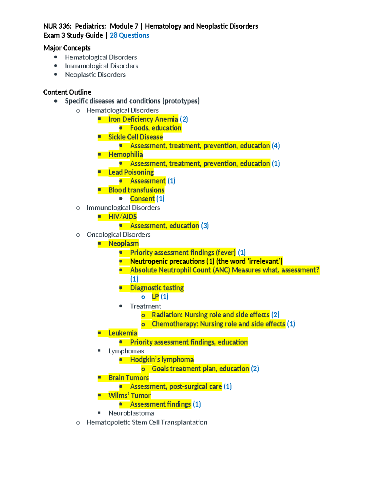 NUR 336 Study Guide Module 7 Hematology and Neoplastic Disorders REV 2 ...