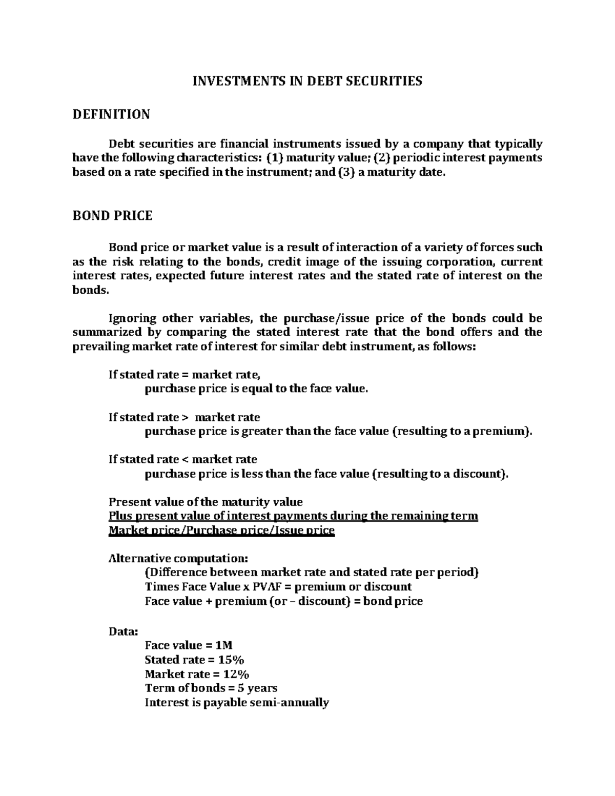 Investments IN DEBT Securities - INVESTMENTS IN DEBT SECURITIES ...